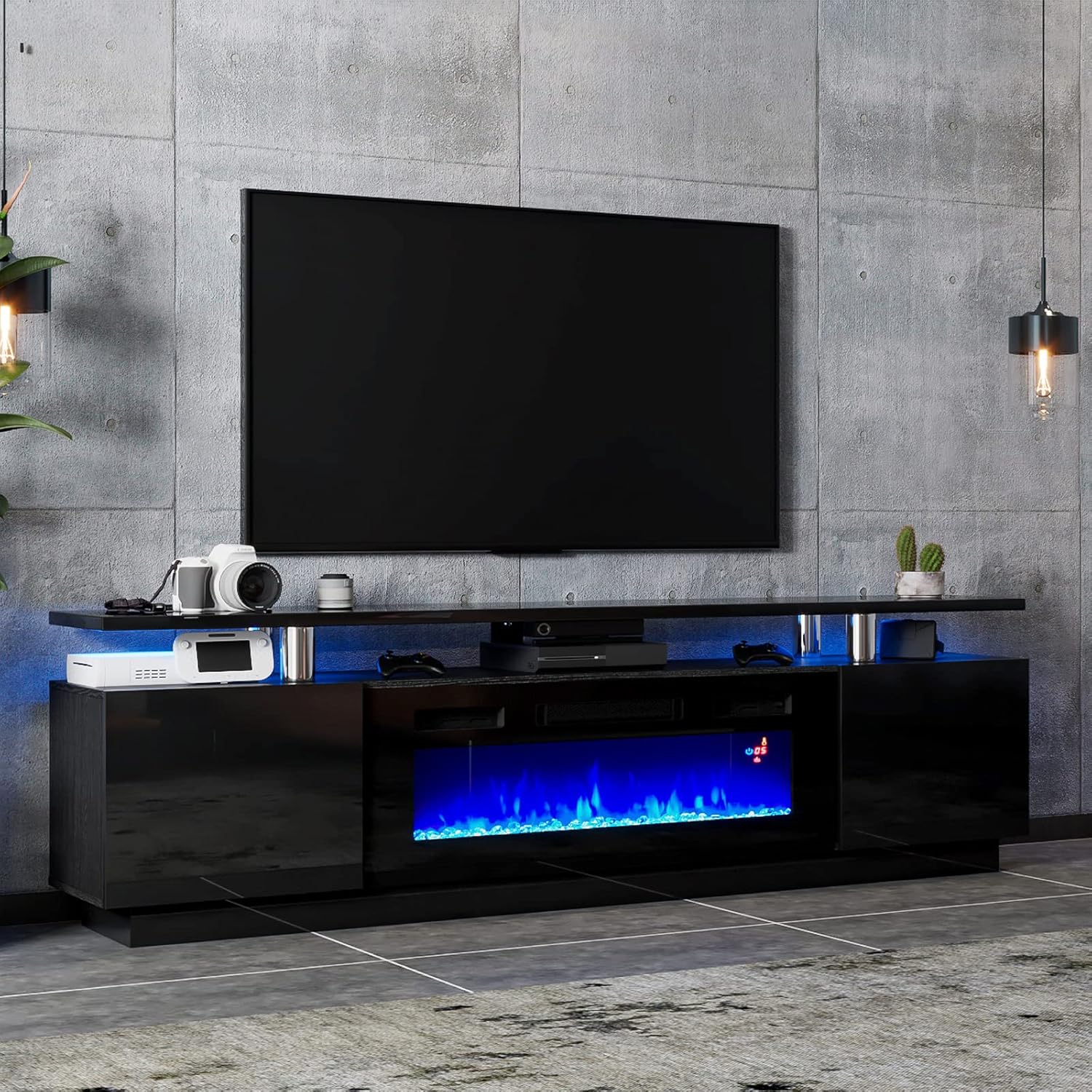 LUXOAK Fireplace TV Stand with 36" Fireplace, 70" Modern High Gloss ...