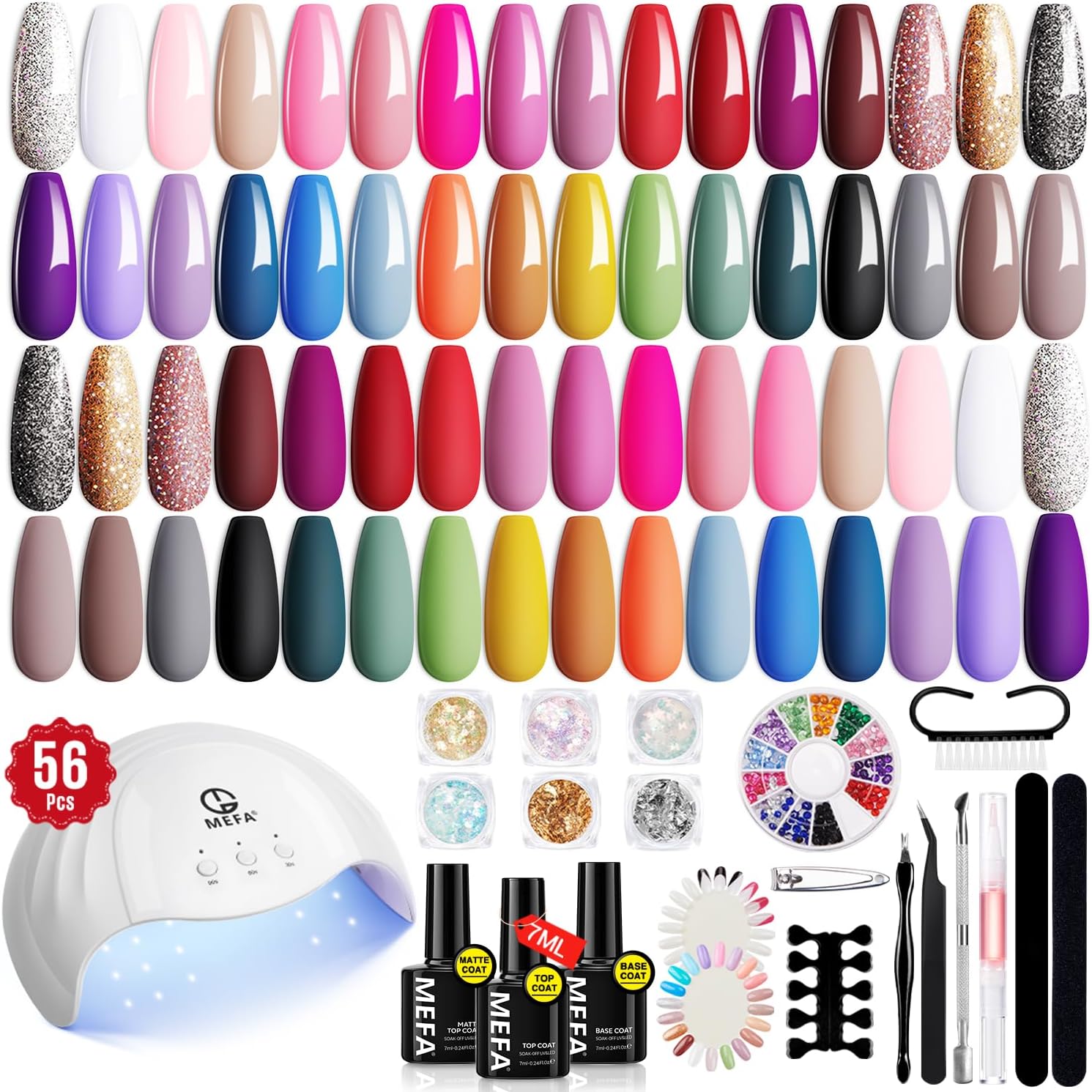 Amazon.com: MEFA 56 Pcs Gel Nail Polish Kit with U V Light, 32 Colors ...