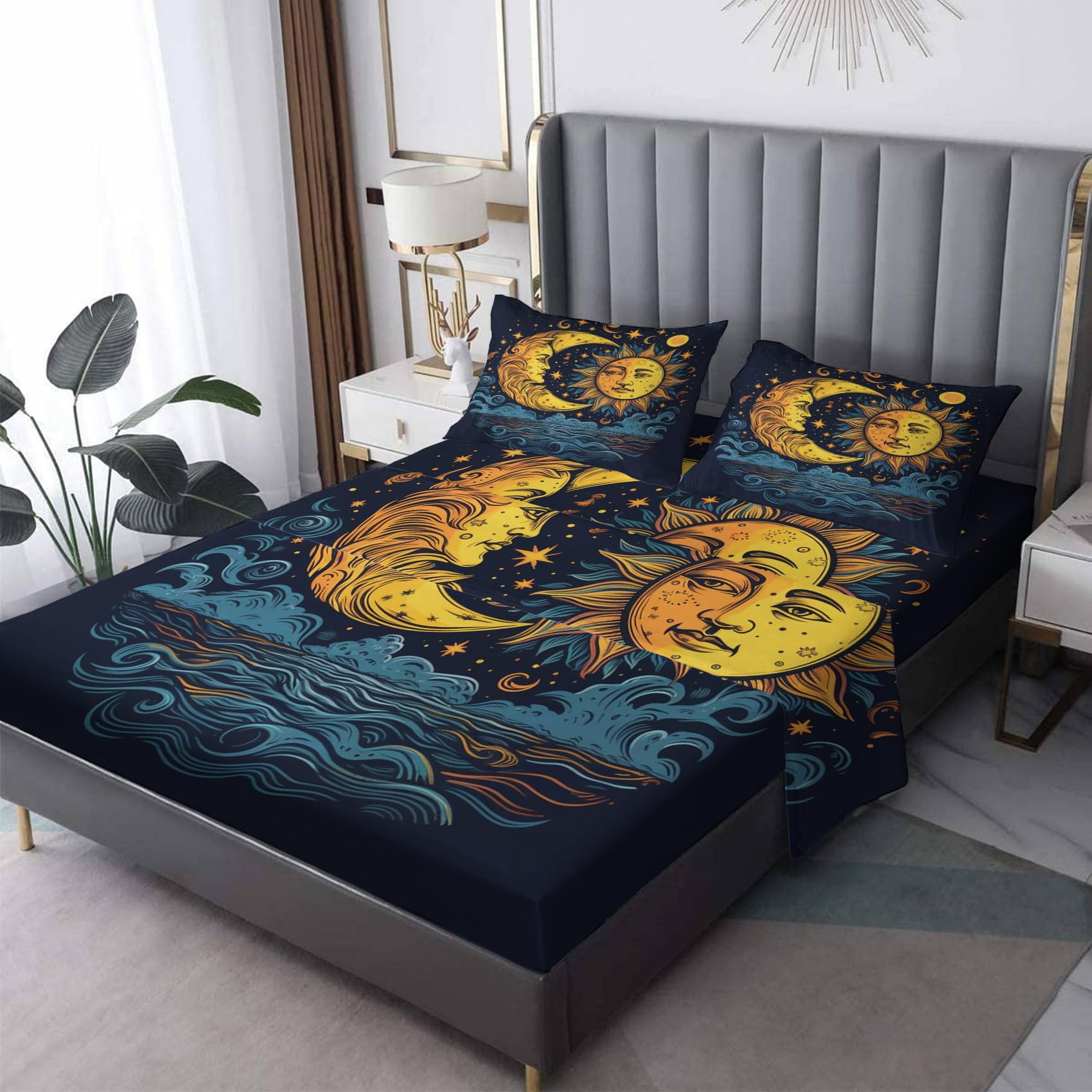 Amazon.com: Sun and Moon Sheets Queen Sheet Set - Aesthetic Celestial ...