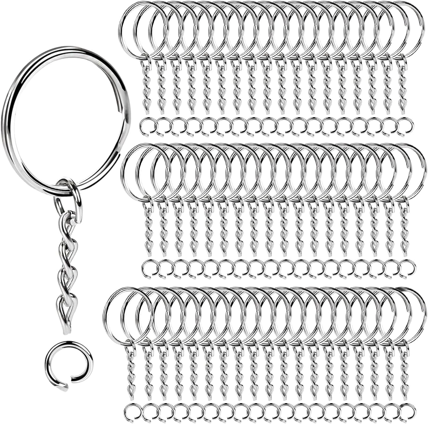 100 Sets Key Ring with Chain and Open Jump,1 inch Split Round Keychain ...