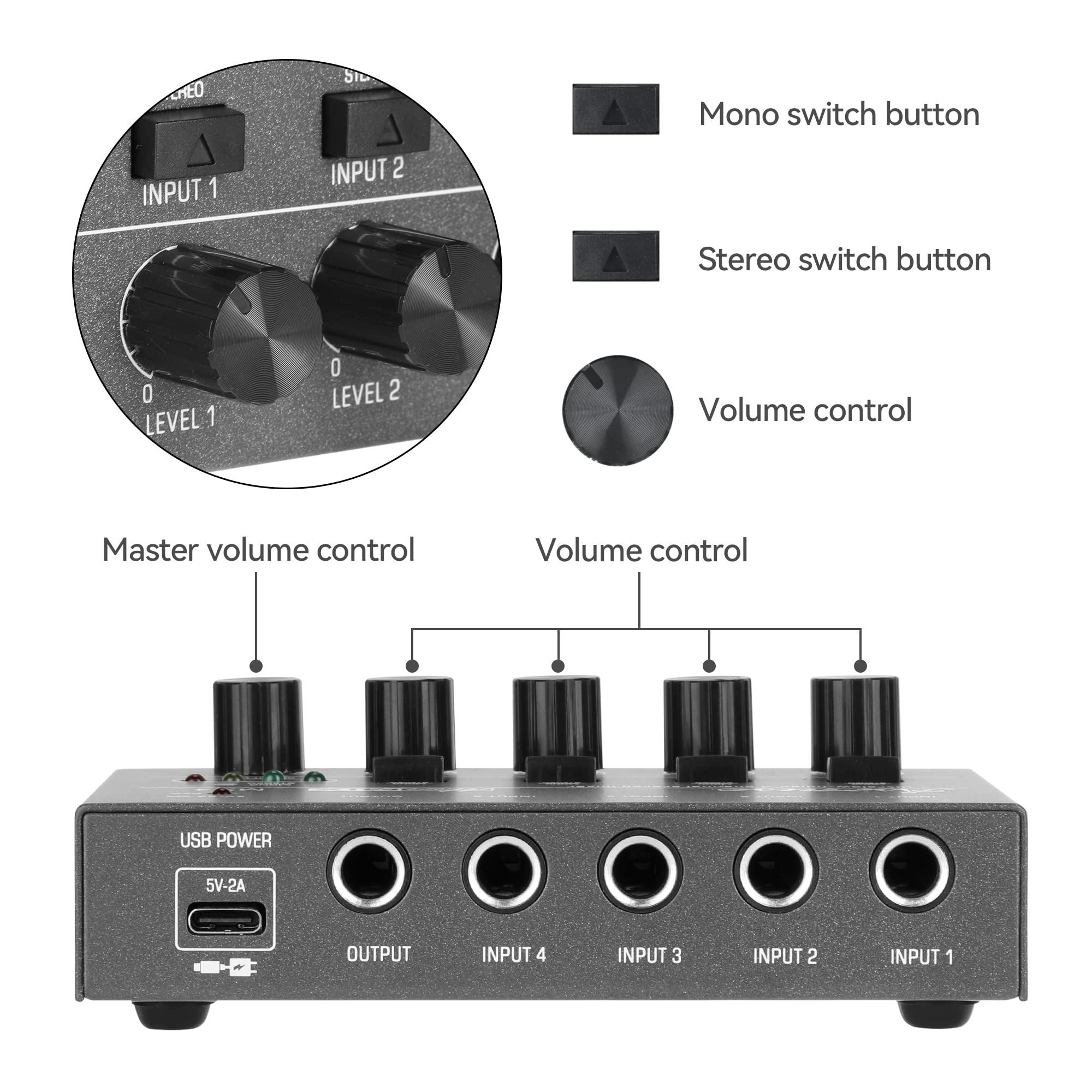 Snapklik.com : 4 Channel Audio Mixer, Low-Noise Mini Stereo Line Mixer ...