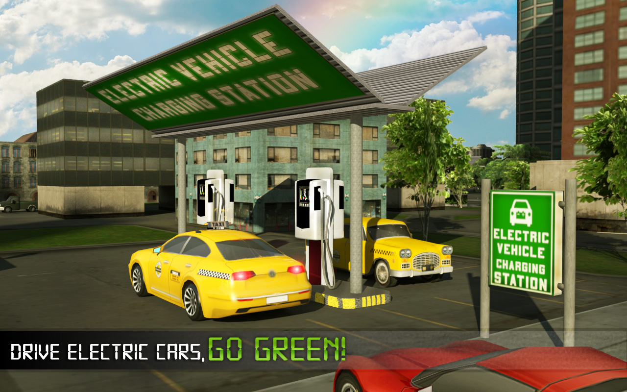 Electric Car Taxi Driving Simulator 3D: NY City Gas Station Parking ...