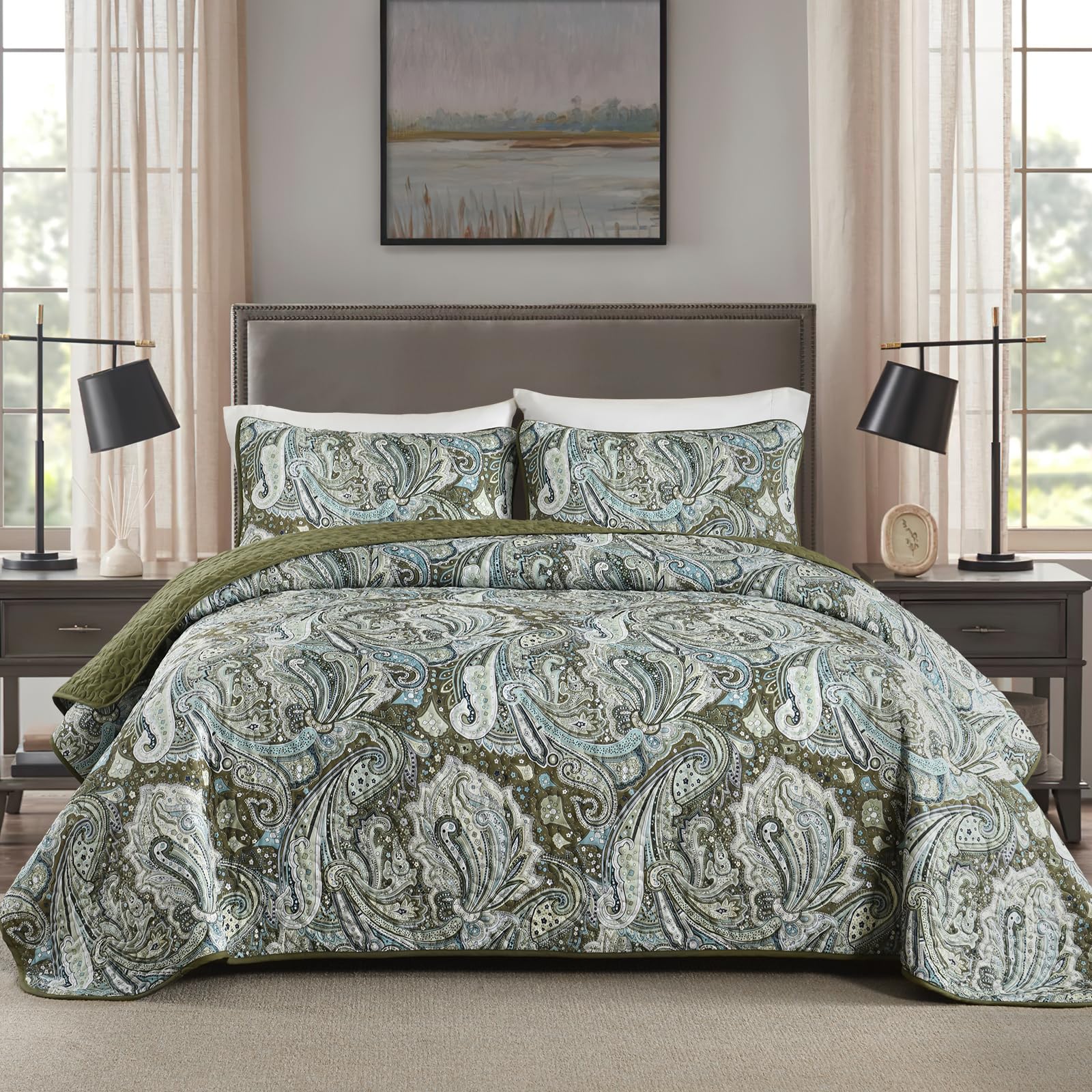 Amazon.com: Green Paisley Quilt Set King Size Boho Paisley Bedspread ...