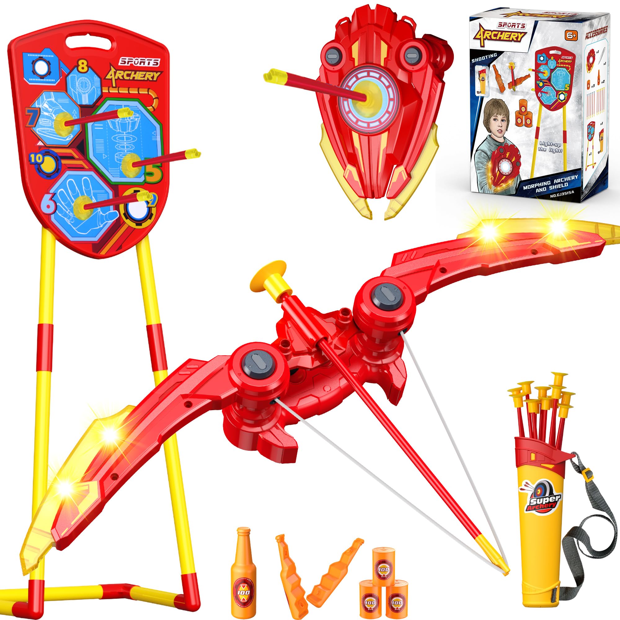 Archery Shield Toy Set, LED Light Up Bow and Arrow for Kids with 10 ...