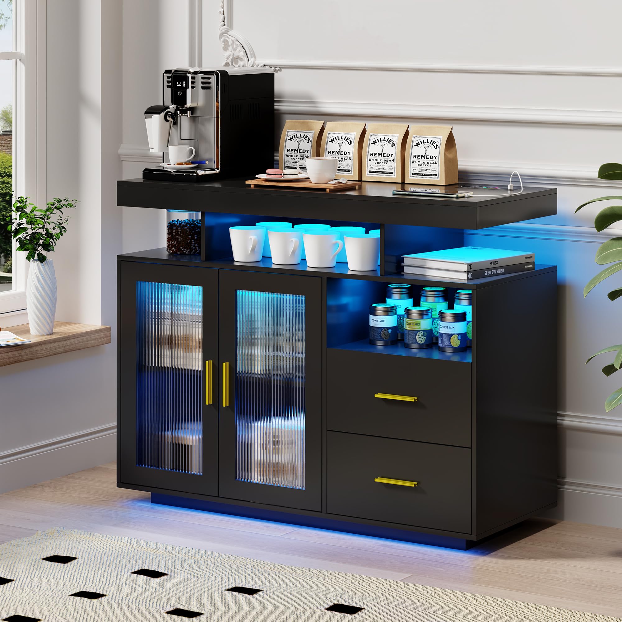 FREDEES RGB Coffee Bar Cabinet with Charging Station & LED Light ...