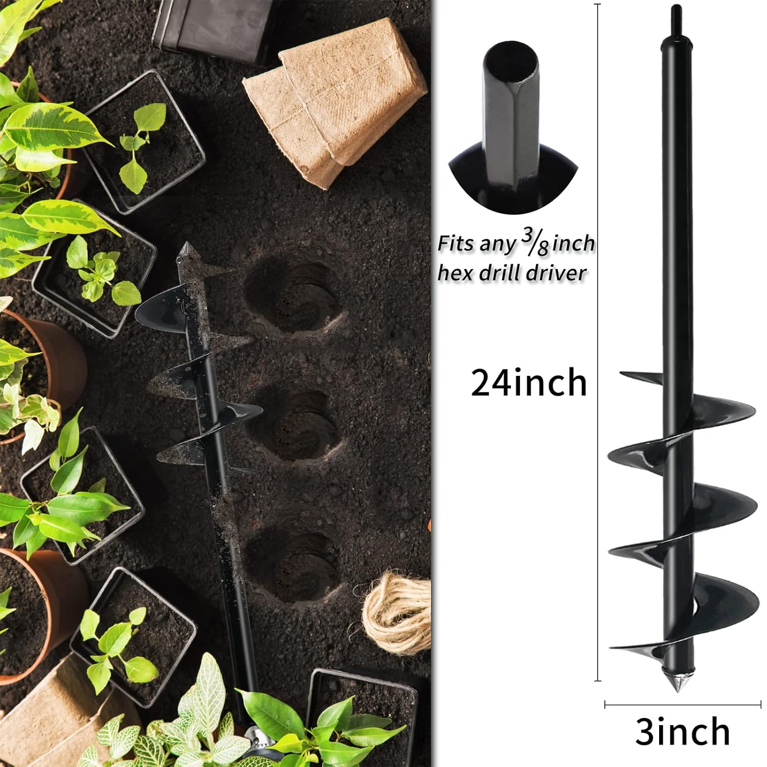 TCBWFY 3x24 Inch Auger Drill Bit for Planting - Long Handle Easy ...