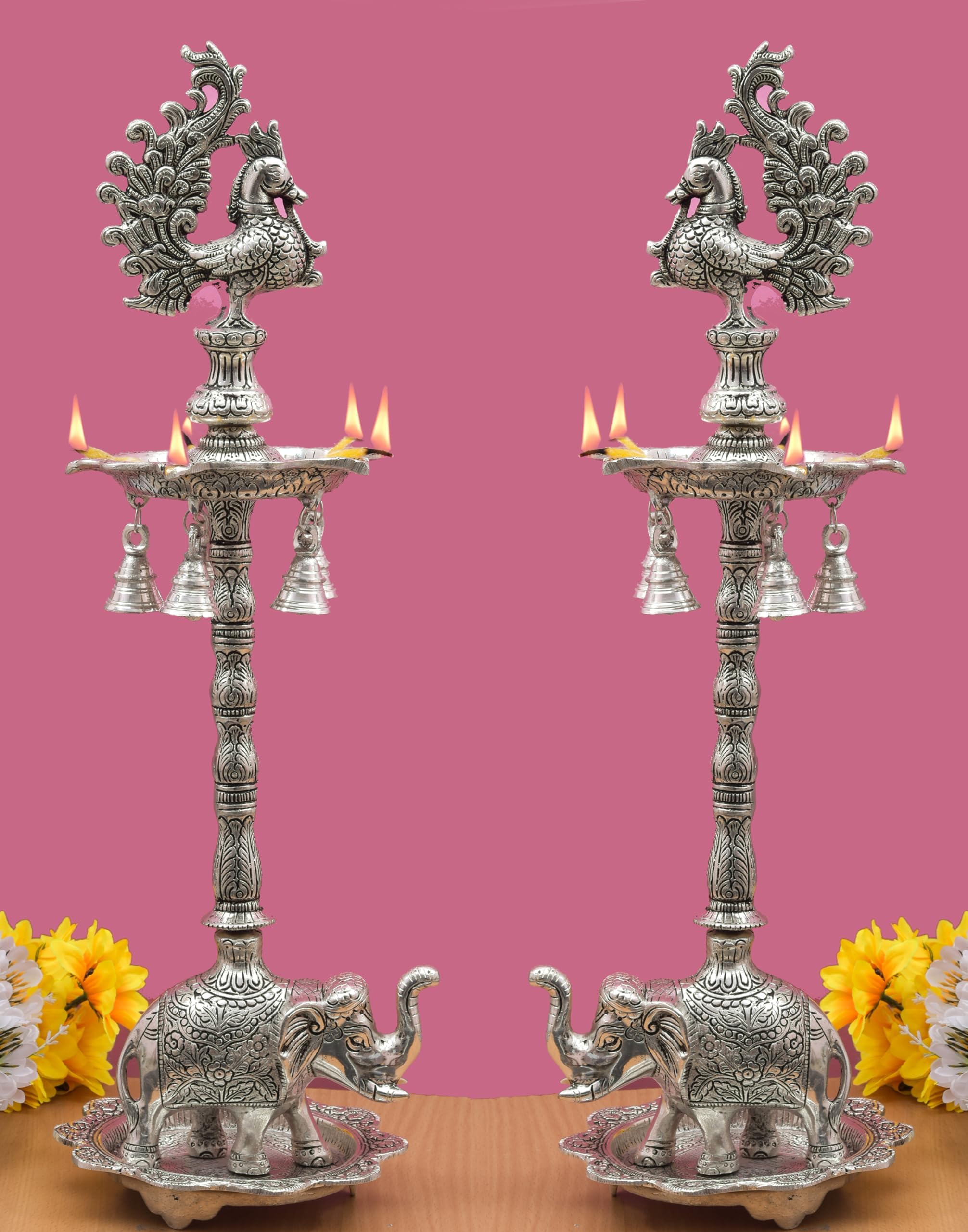 Buy HOUZZPLUS Peacock Samai Pair (Diya Stand) with Elephant Base ...