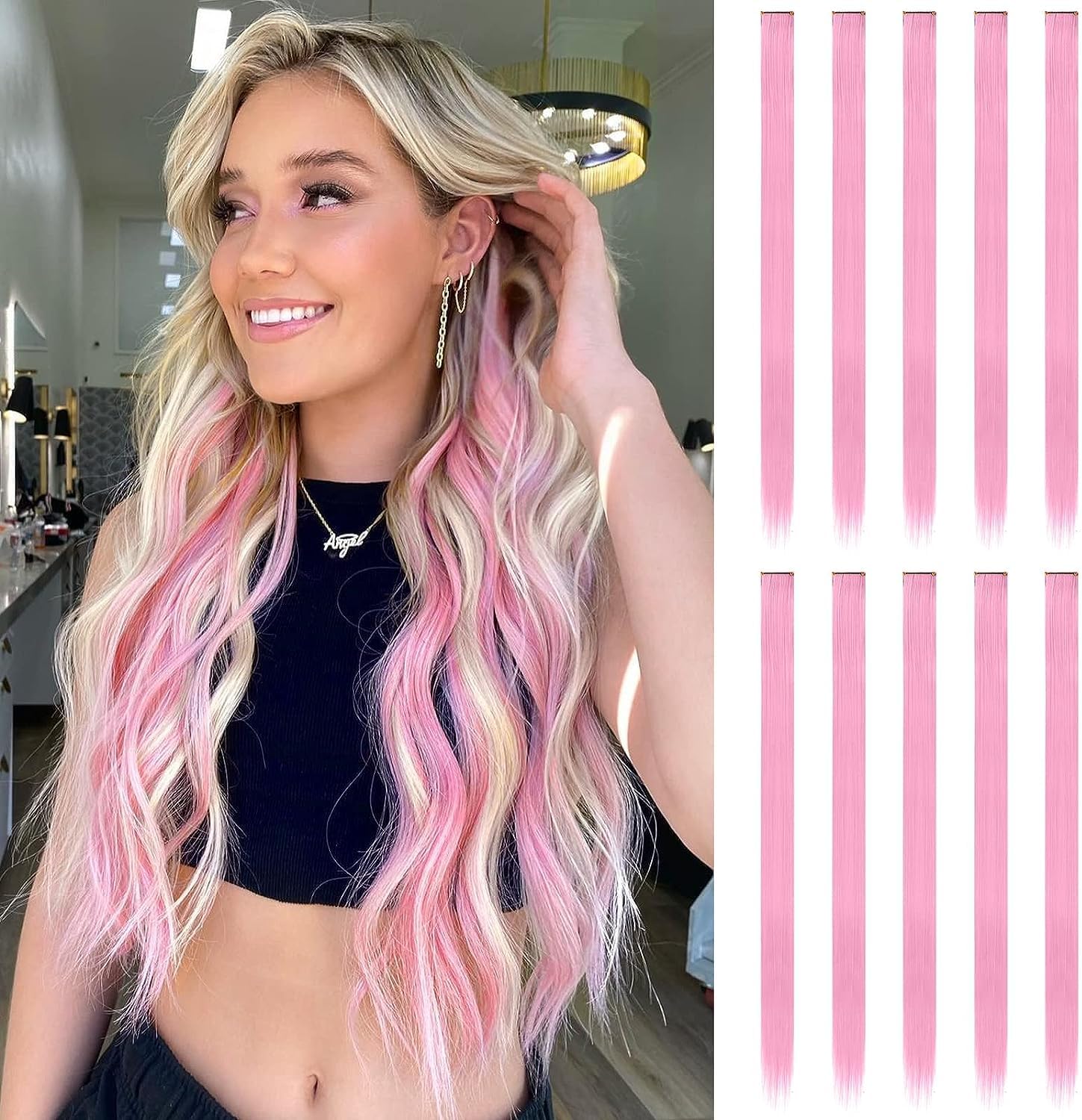 FESHFEN Extension Capelli Colorati Clip - 10 Pezzi Ciocche Capelli Rosa ...