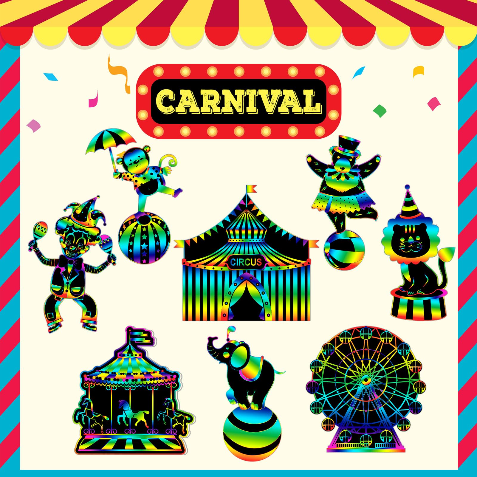 Snapklik.com : RoundFunny 80 Pcs Carnival Cutouts Scratch Cards Circus ...