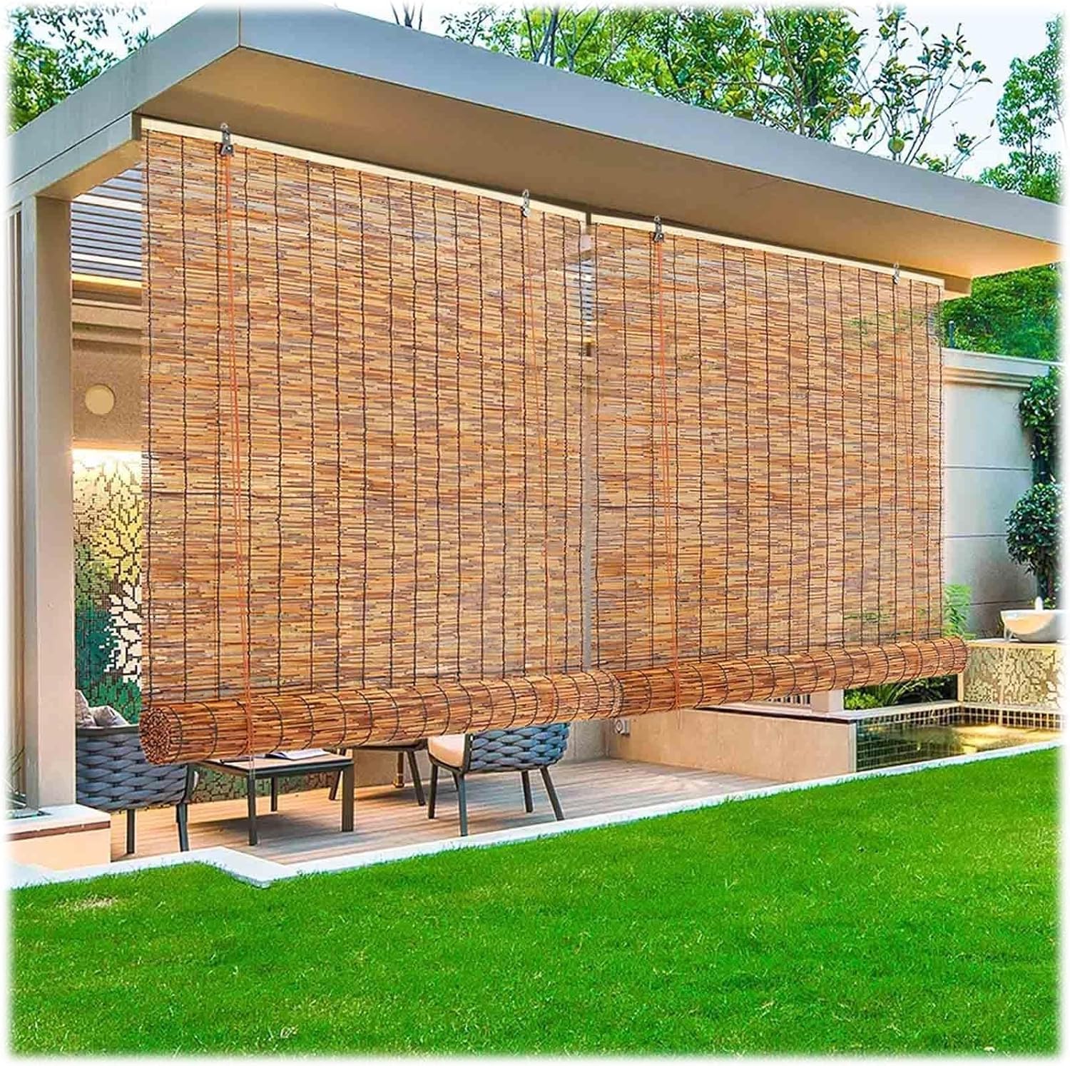 Amazon.com: Outdoor Roller Shades Bamboo Blind with Lifter 48" 60" 64 ...
