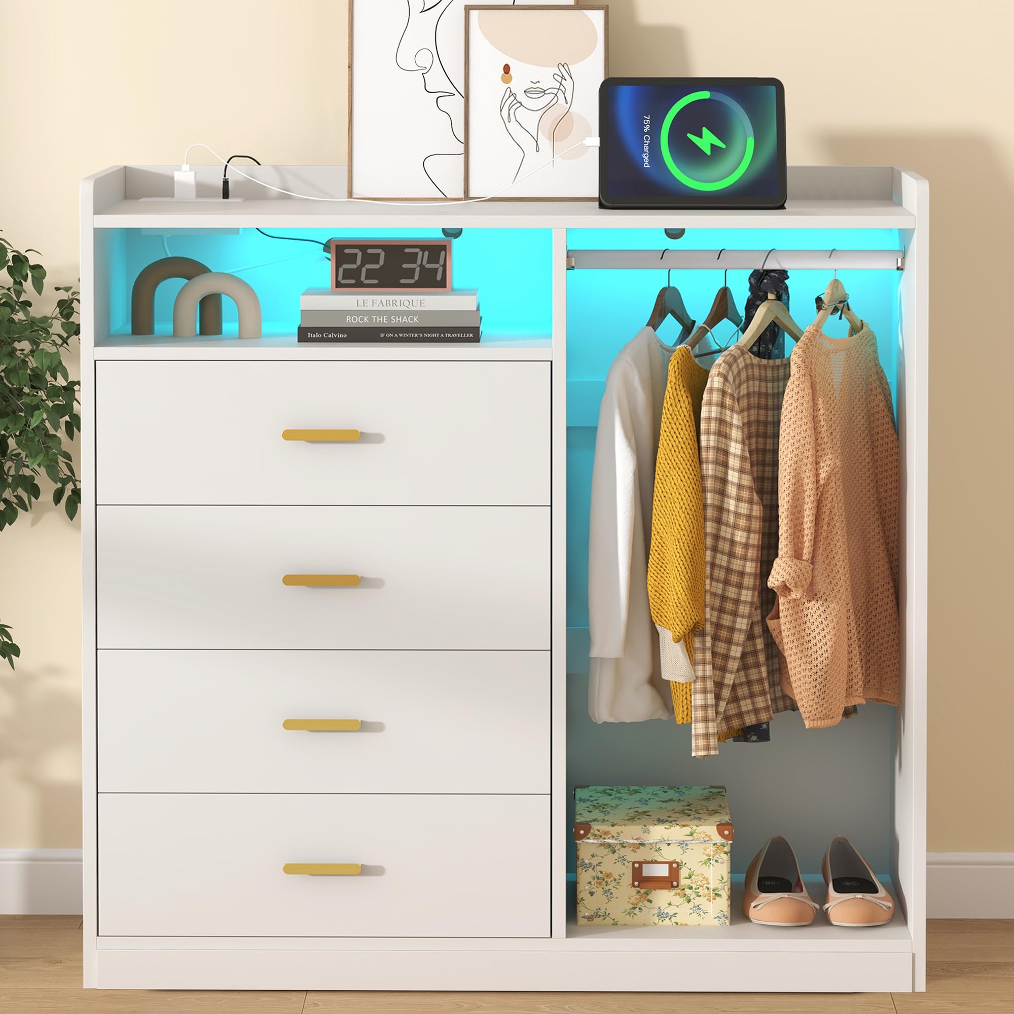 Amazon.com: Bigbiglife Dresser with Clothes Rack for Bedroom Wood, 4 ...