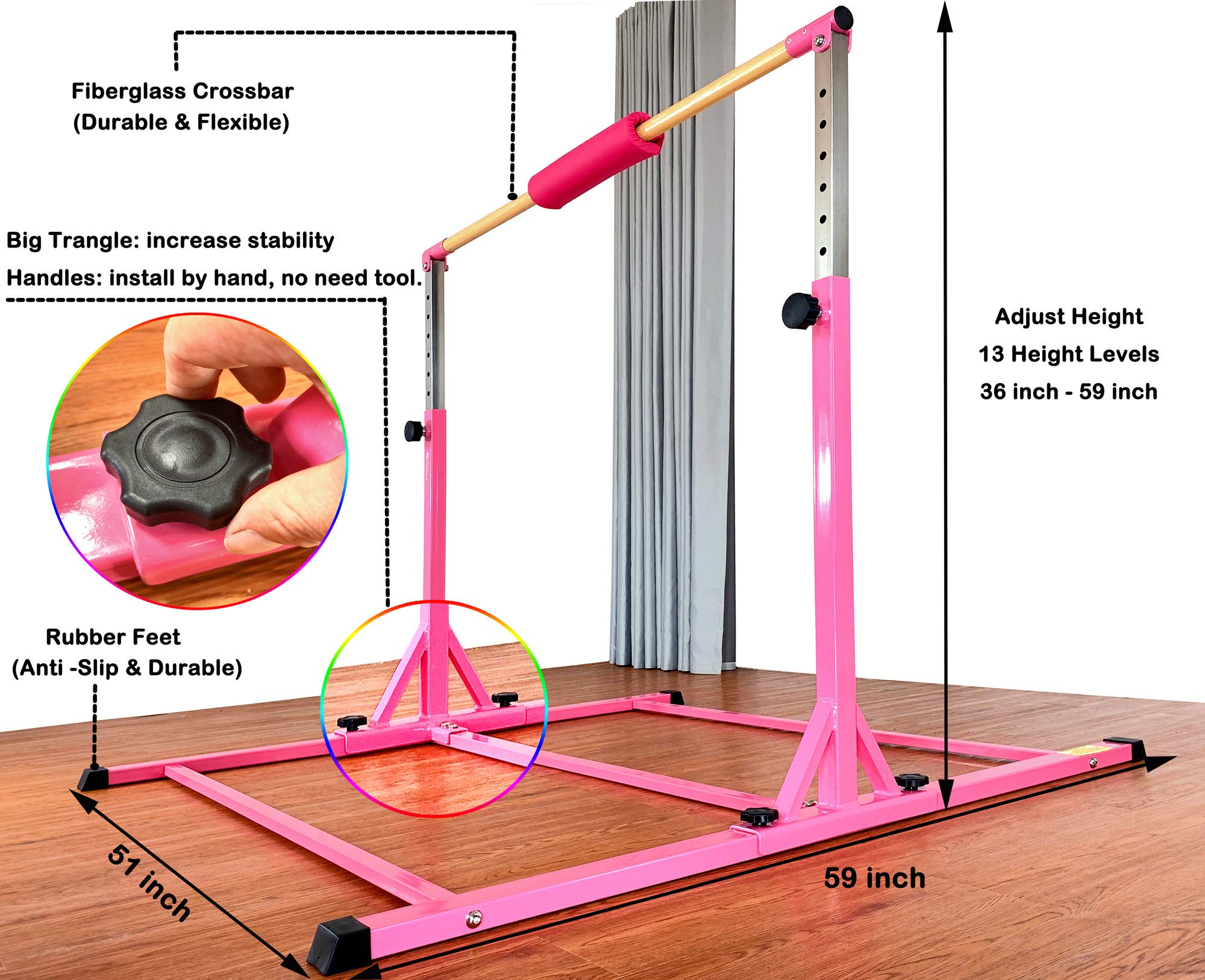 MARFULA Adjustable Gymnastics Bar Kip Bar with Fiberglass Rail & 304 ...