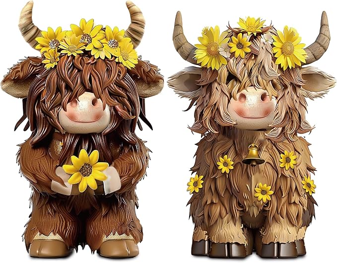 Amazon.com: Burbell 2 Pcs Highland Cow Figurines Decor Cow Gnomes with ...