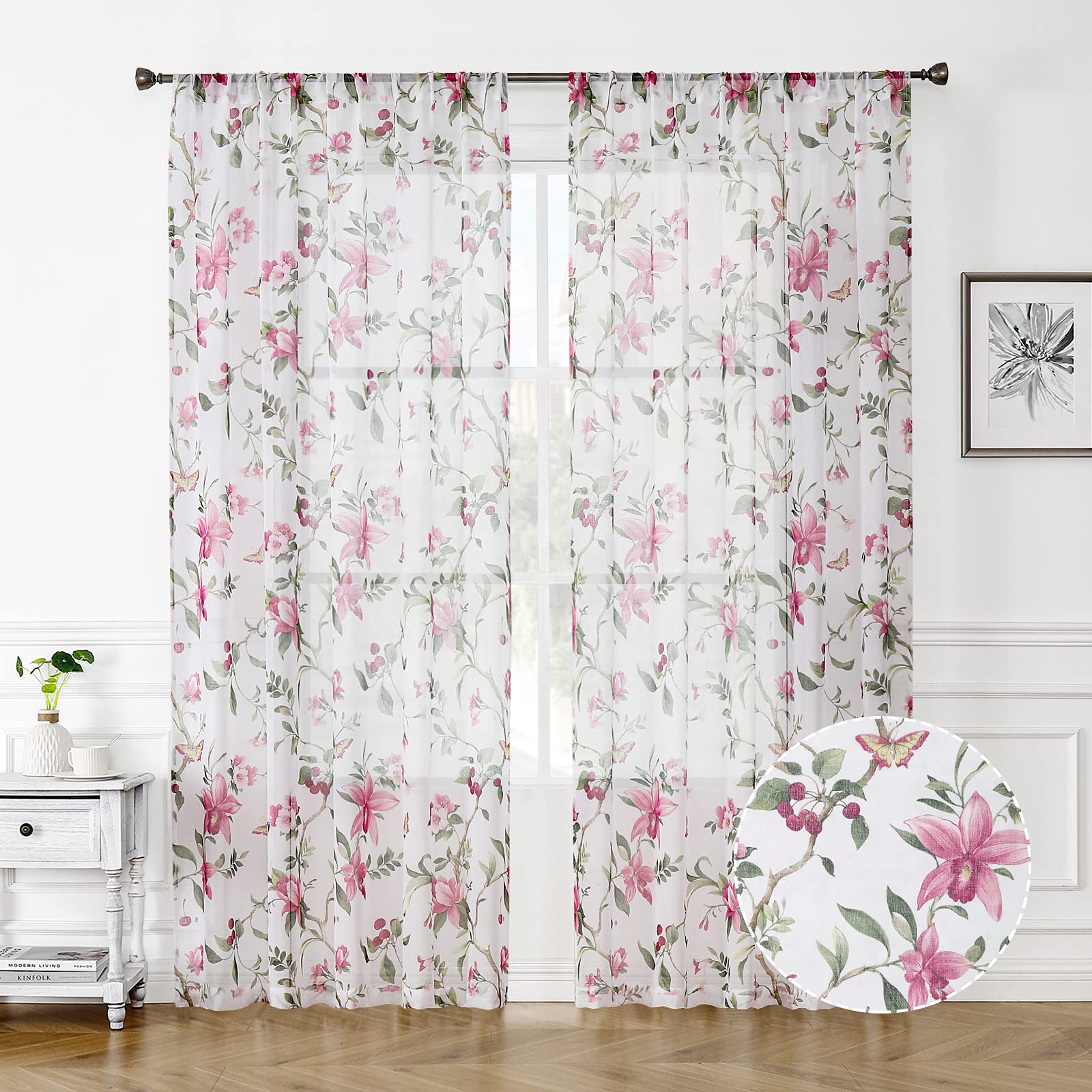 Amazon.com: Tollpiz Floral Sheer Curtain Pink Cherry Flower Butterfly ...