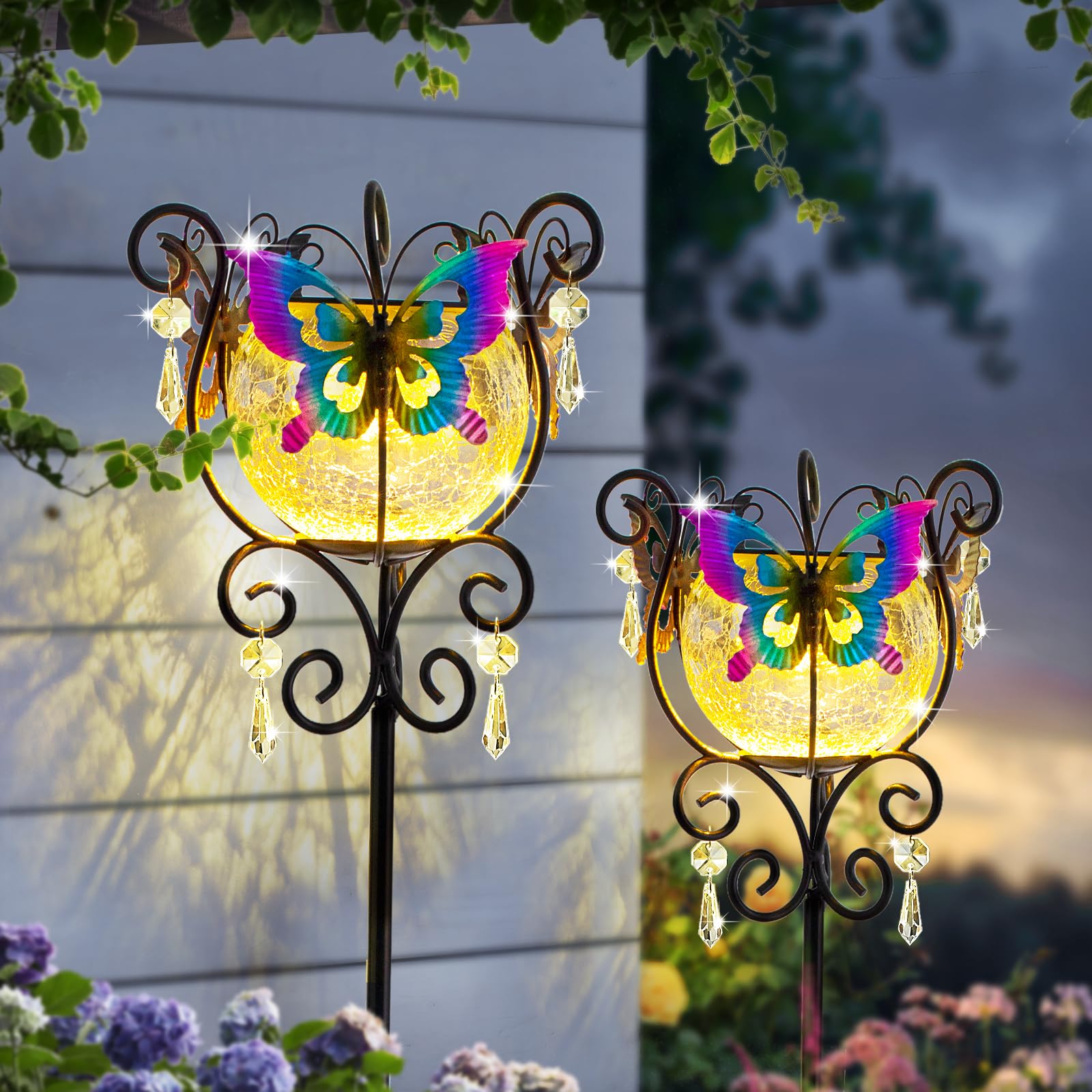 AIINY Solar Lights Outdoor Garden Decor - 2 Pack Metal Solar Garden ...