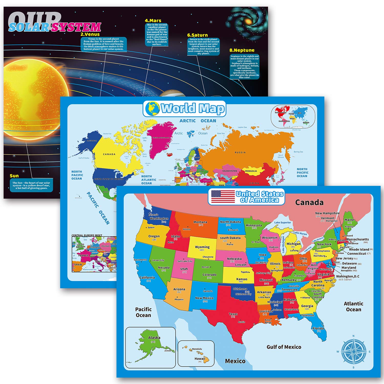 3 Pack World Map Poster United States Usa Map Kids | Desertcart KUWAIT