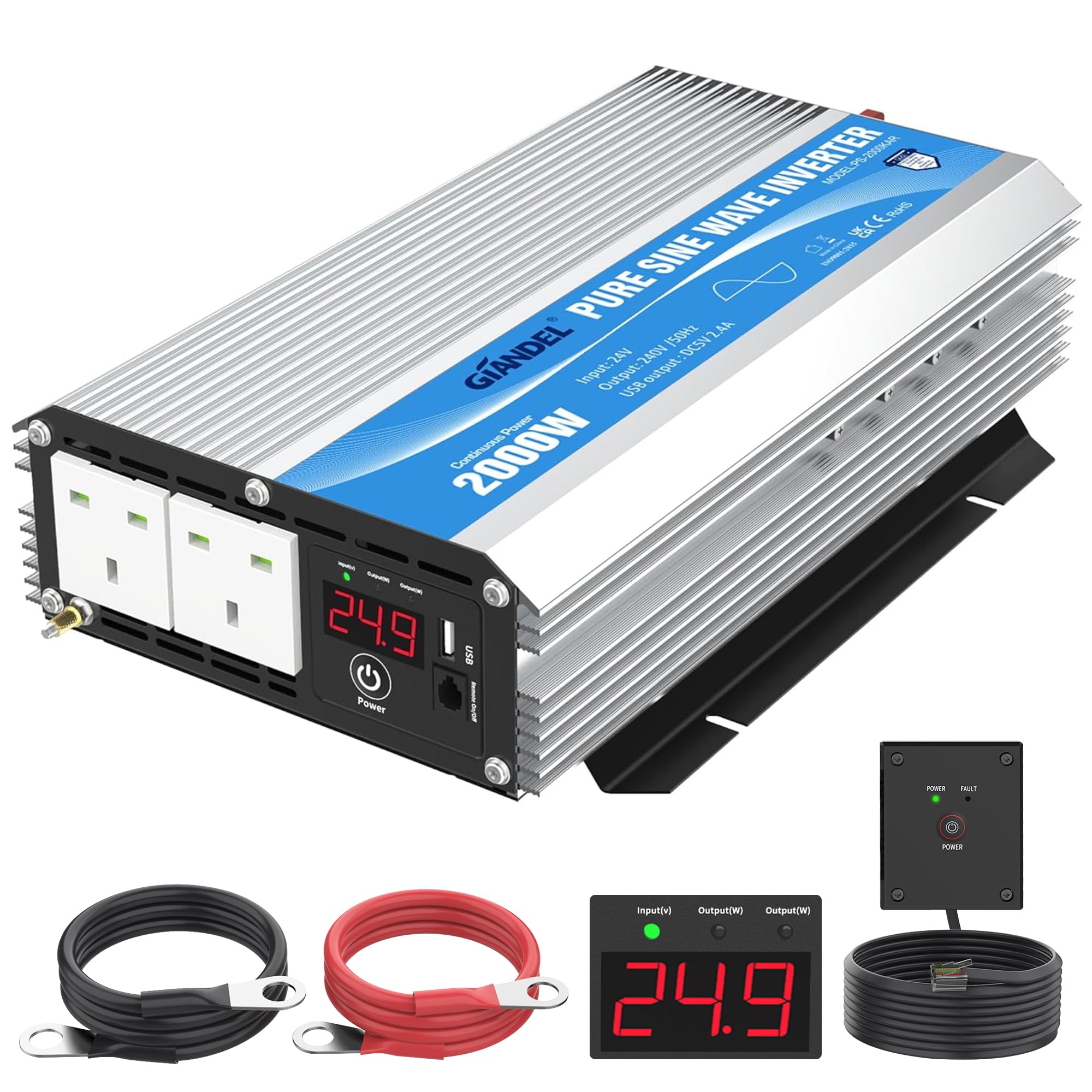 Giandel 2000W Pure Sine Wave Power Inverter DC 24V to AC 240V with Dual ...