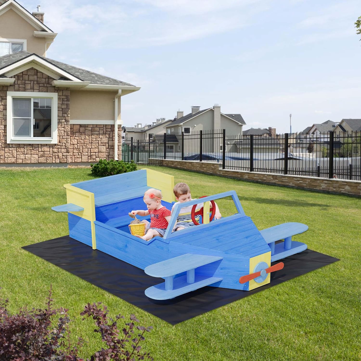 Amazon.com: Airplane Wooden Sandbox, Outdoor Sand Box Bottom Liner ...