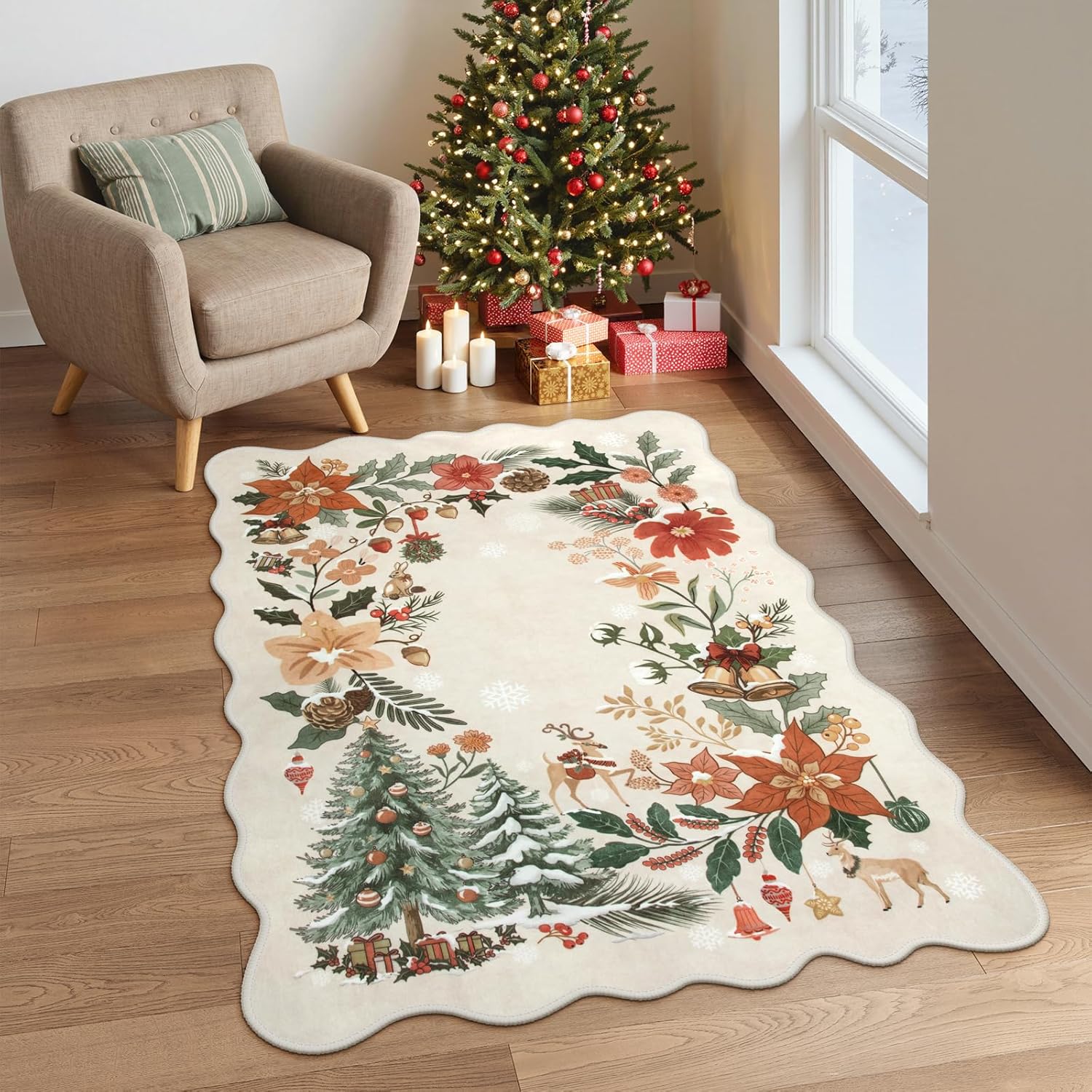 Amazon.com: Lahome Floral Christmas Area Rug, 3x5 Washable Christmas ...