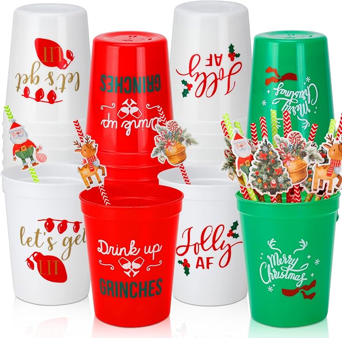 Amazon.com: Ainibar 24 Pack Christmas Plastic Party Cups - 16oz Stadium ...