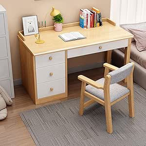 Solid Wood Writing Desk with Storage Drawers, Modern Student Study ...