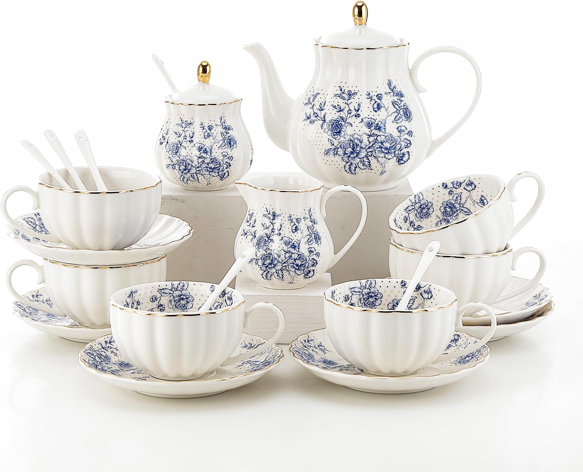 Bloosnow 22pcs Rose Porcelain Tea Set for Coffee,Tea Blue Porcelain Tea ...
