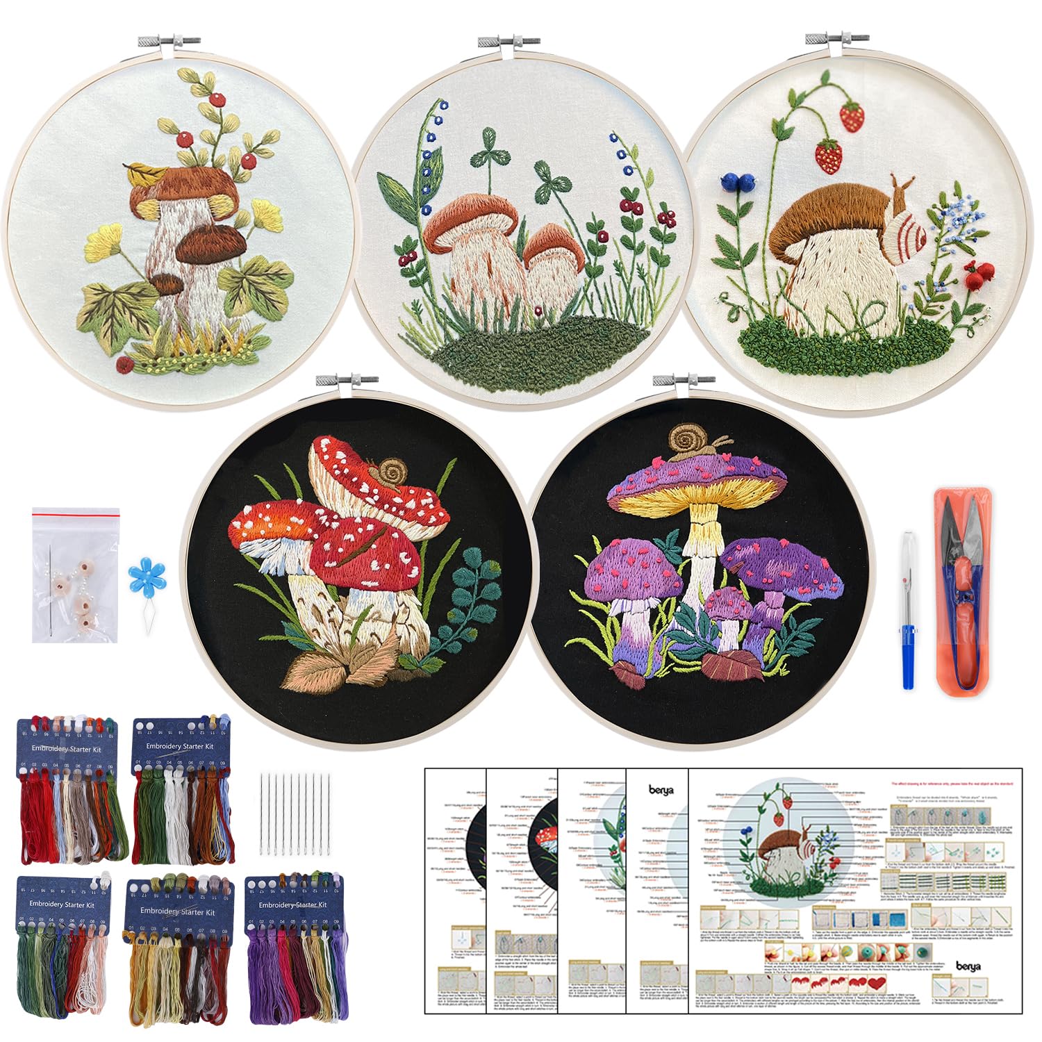 Amazon.com: BERYA 5 Pack Mushroom Embroidery Kit, Stamped Cross Stitch ...