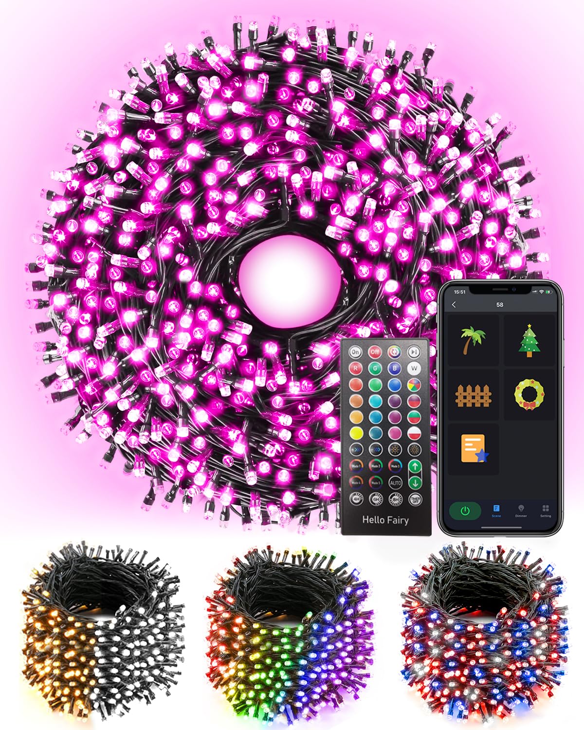 Dynamic Smart Christmas Lights Outdoor RGB, 66FT 200Led DIY Color ...