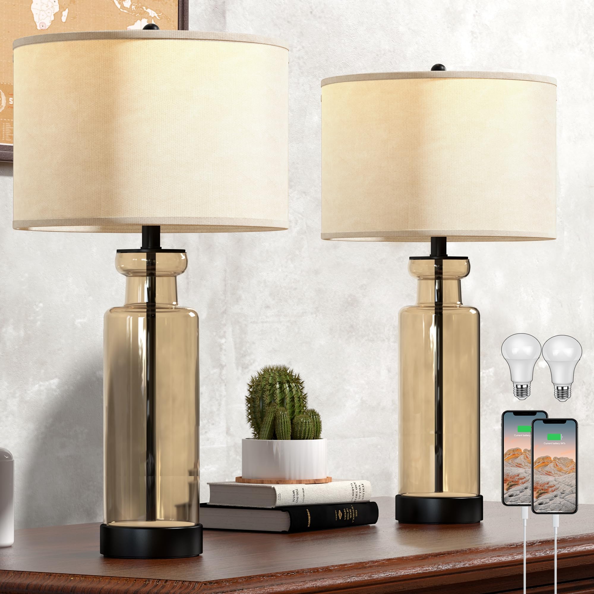 WIHTU 3 Color Temperature Table Lamps Set of 2 with USB C & A Ports, 27 ...