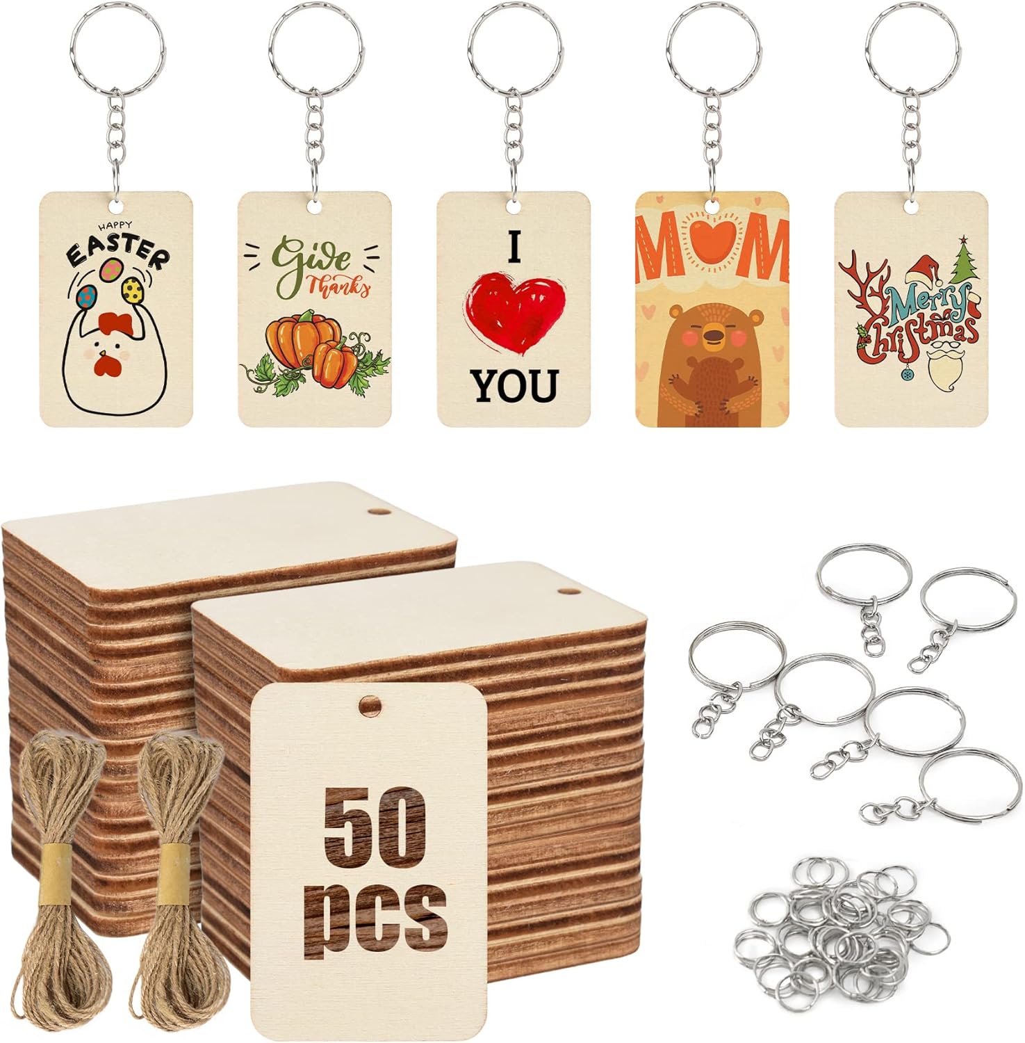 Amazon.com: Luckforest 50Pcs Blank Rectangle Wooden Keychain Set ...