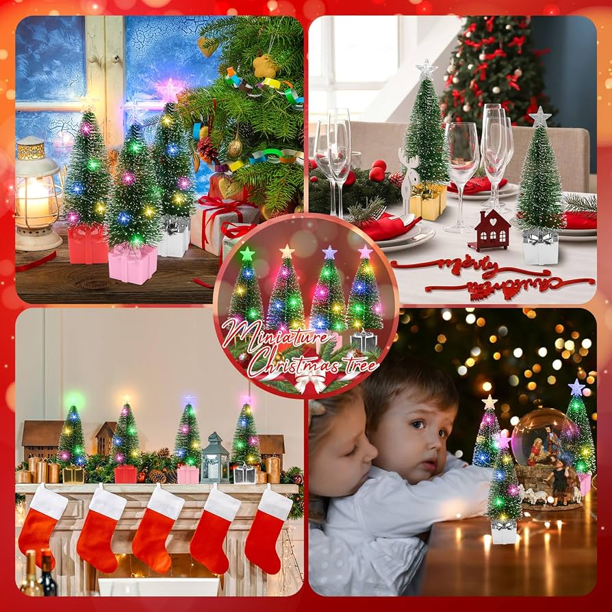 Desktop Snow Village Decor Tabletop Mini Christmas Tree Set - 5 Snowy ...