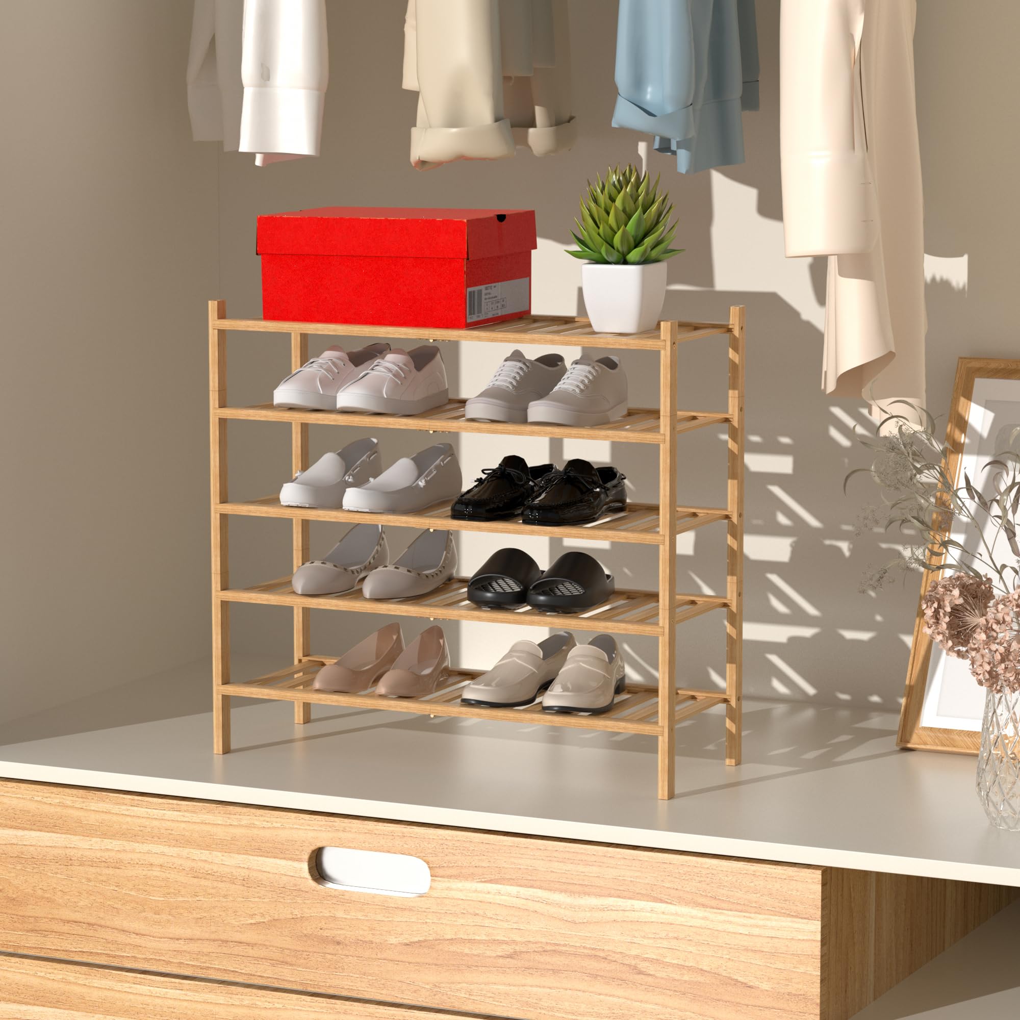 Snapklik.com : RONGJIA 5-Tier Natural Bamboo Shoe Rack - Stackable ...