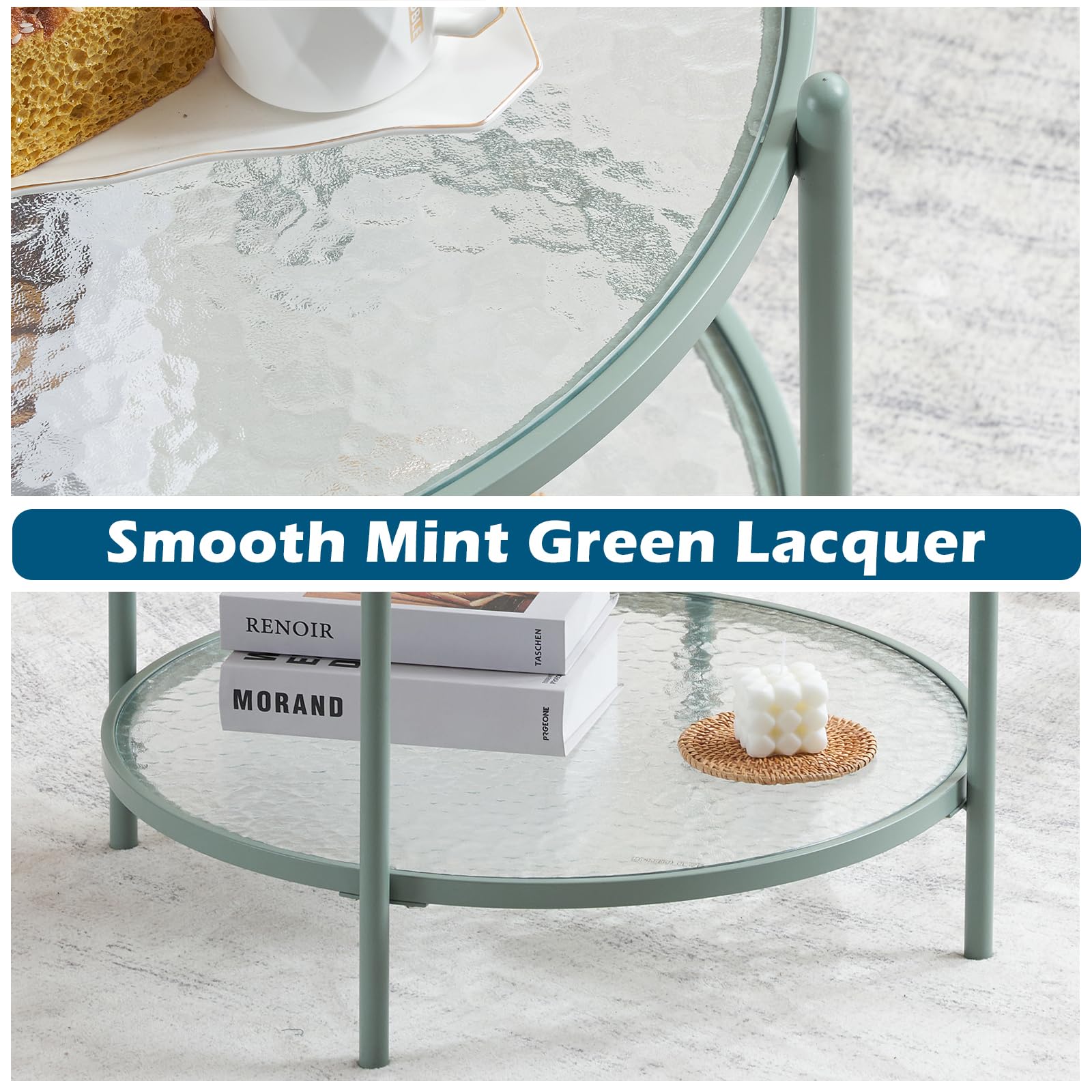 VINGLI 25.6" Small Light Bright Green Round Coffee Table Water-Wave ...