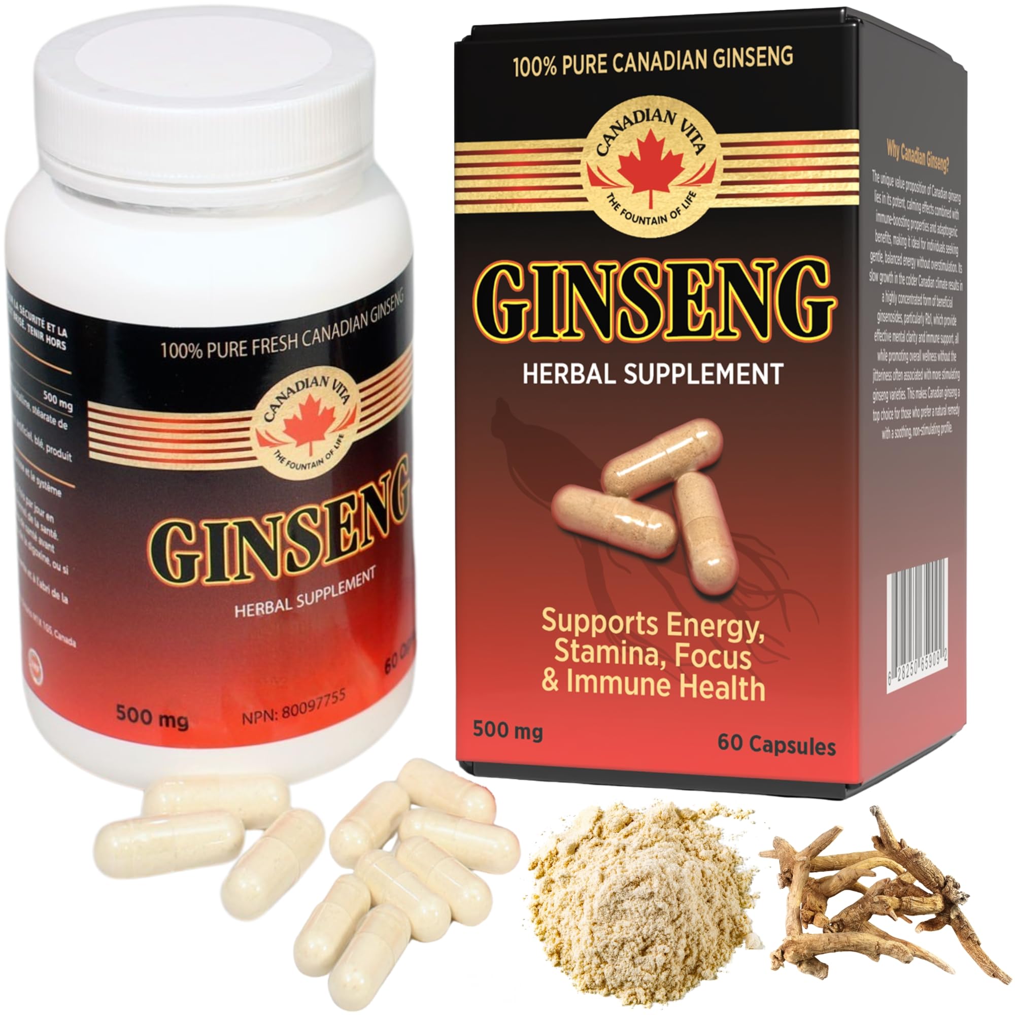 Canadian Vita Ginseng Supplement Capsules - Pure Ginseng Root Powder ...