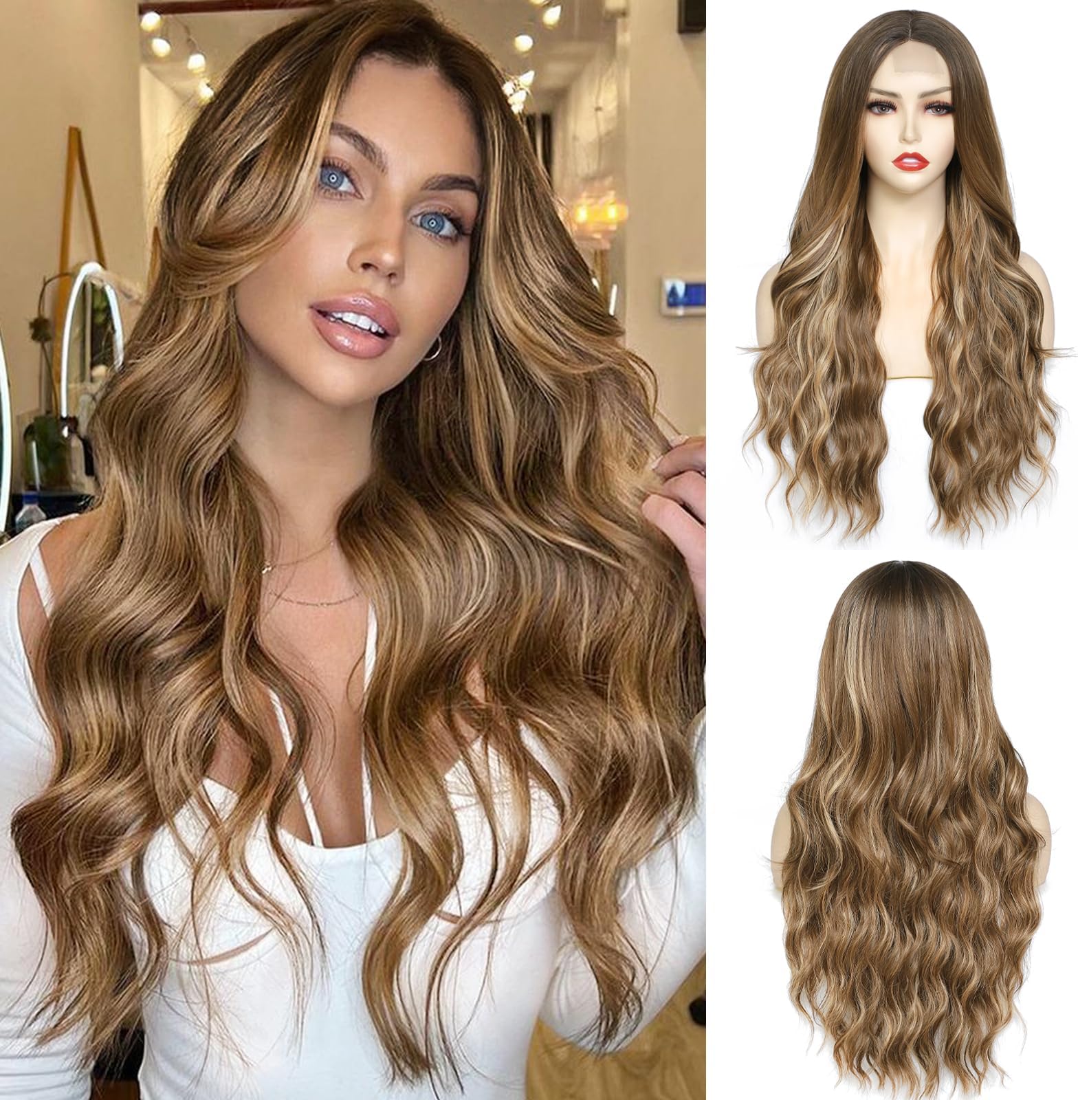 Amazon.com : NAYOO Chestnut Brown Mix Blonde Wig for Women, 26 Inch Long Brown and Blonde Wavy ...