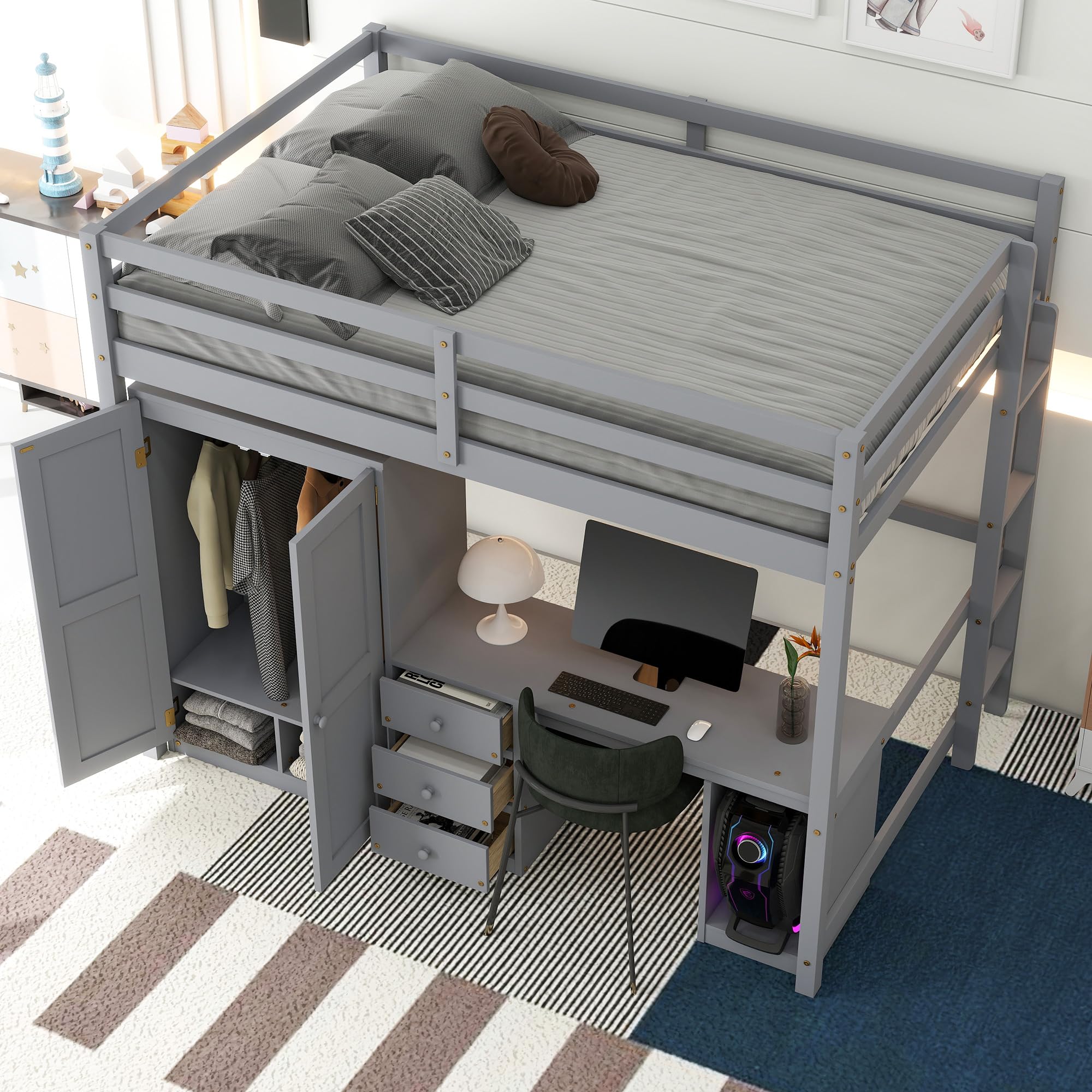 Amazon.com: BOVZA Wood Full Size Loft Bed Frame with Desk and Wardrobe ...