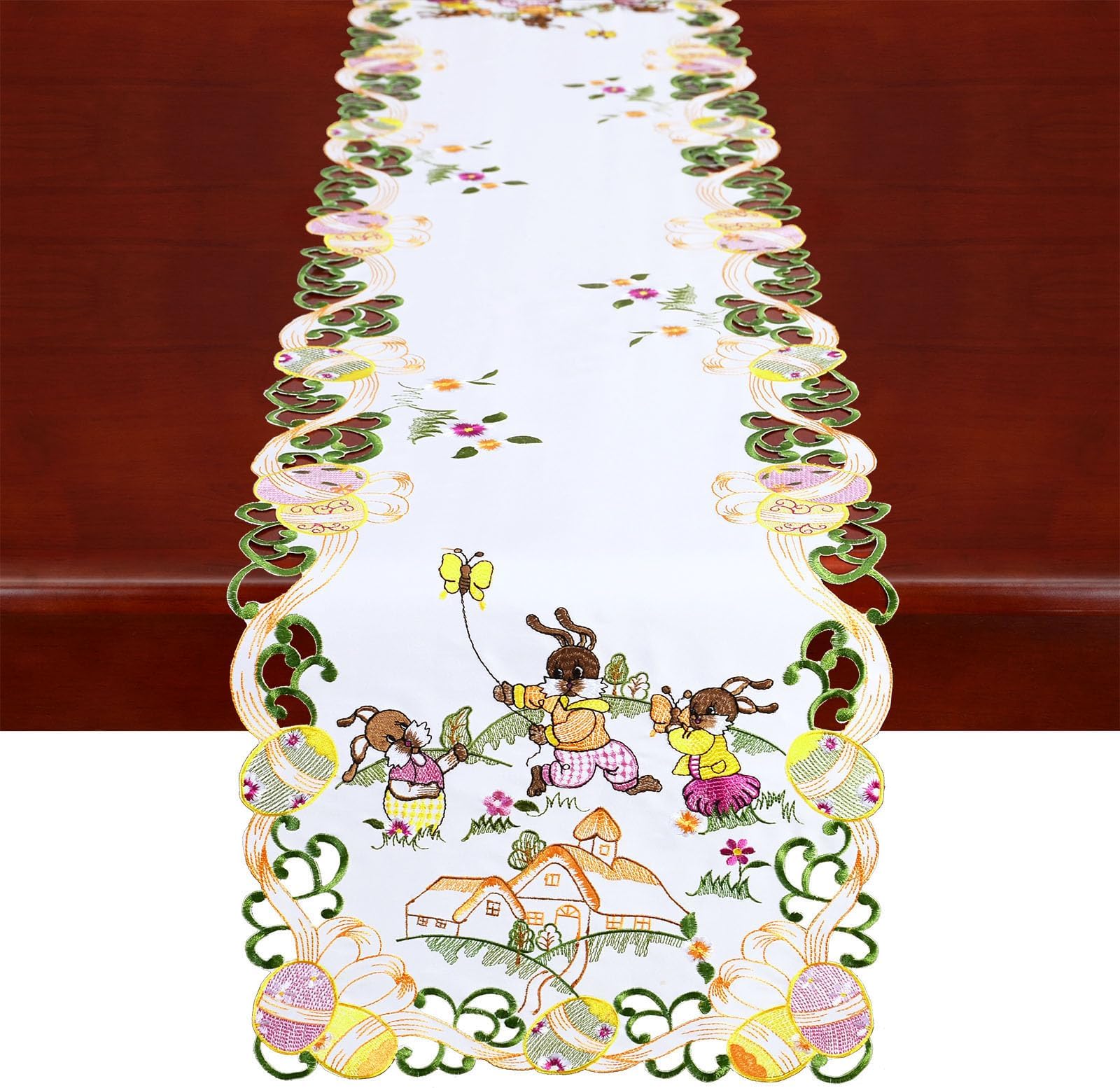 Amazon.com: Creative Linens Embroidered Easter Bunny Egg Floral Table ...