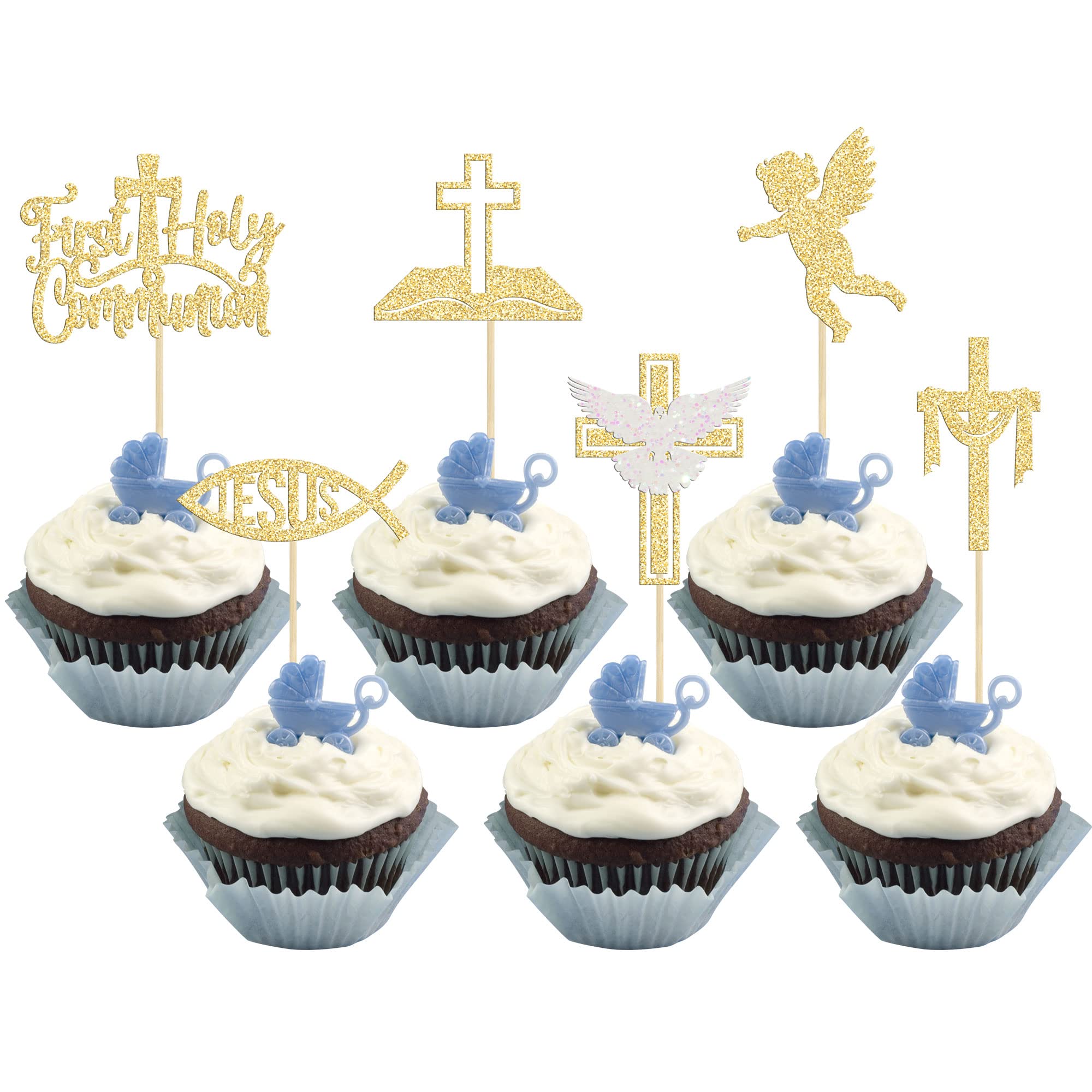 24 Pack First Holy Communion Cupcake Toppers Gold Glitter Dove Angel ...