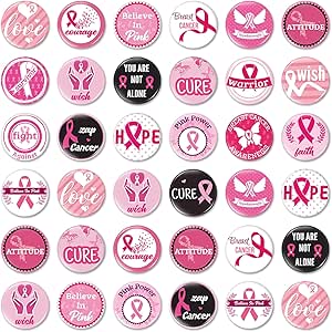 Amazon.com: 60 Pcs Pink Breast Cancer Awareness Buttons Badge Pink ribbon Button Round Pink Hope ...