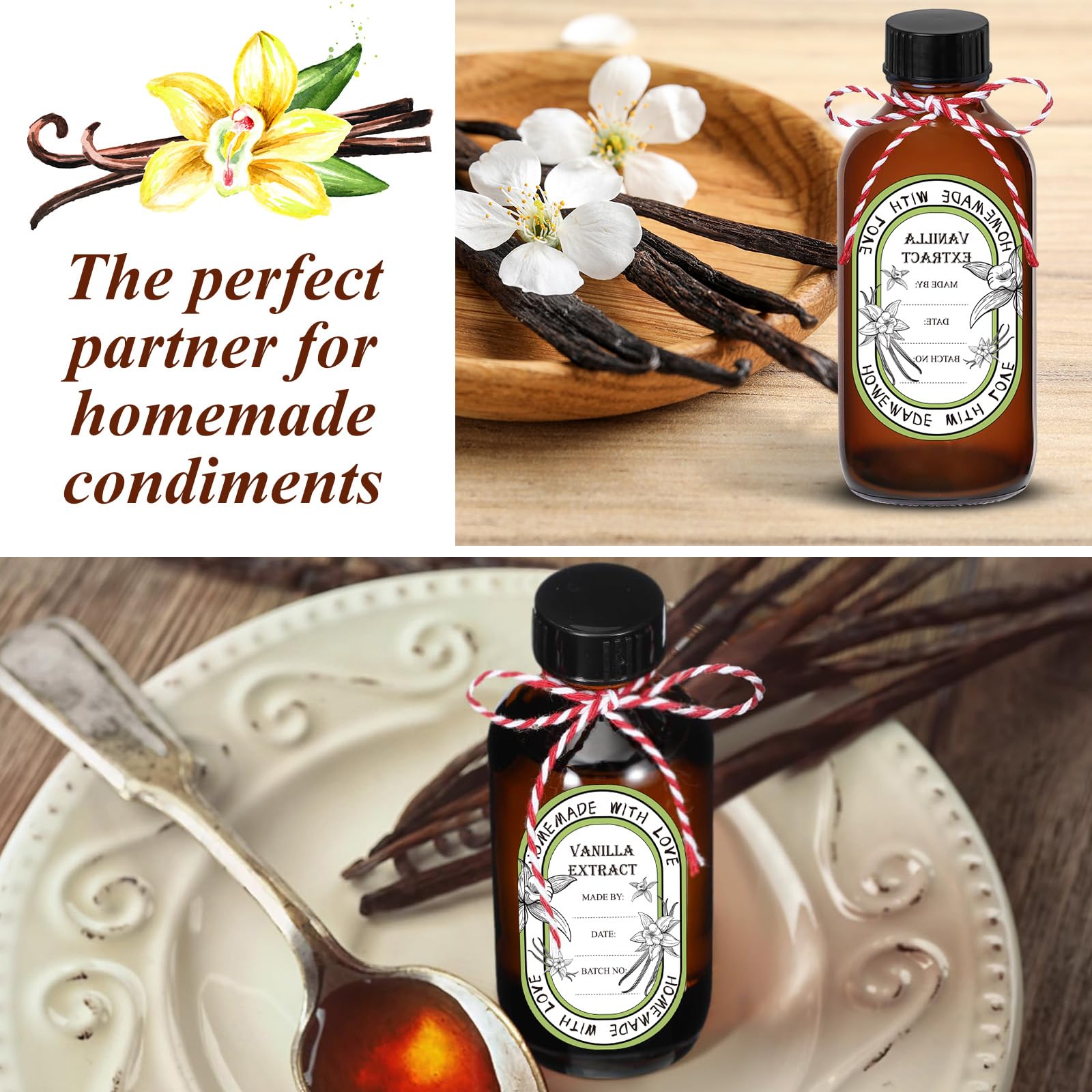 12 Pack 8 oz Vanilla Extract Bottles with Black Poly Cone Caps and 12 ...