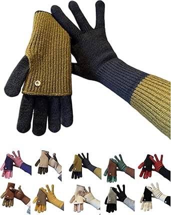 Dual-Use Color-Block Knit Wool Gloves, Convertible Full & Half Finger ...