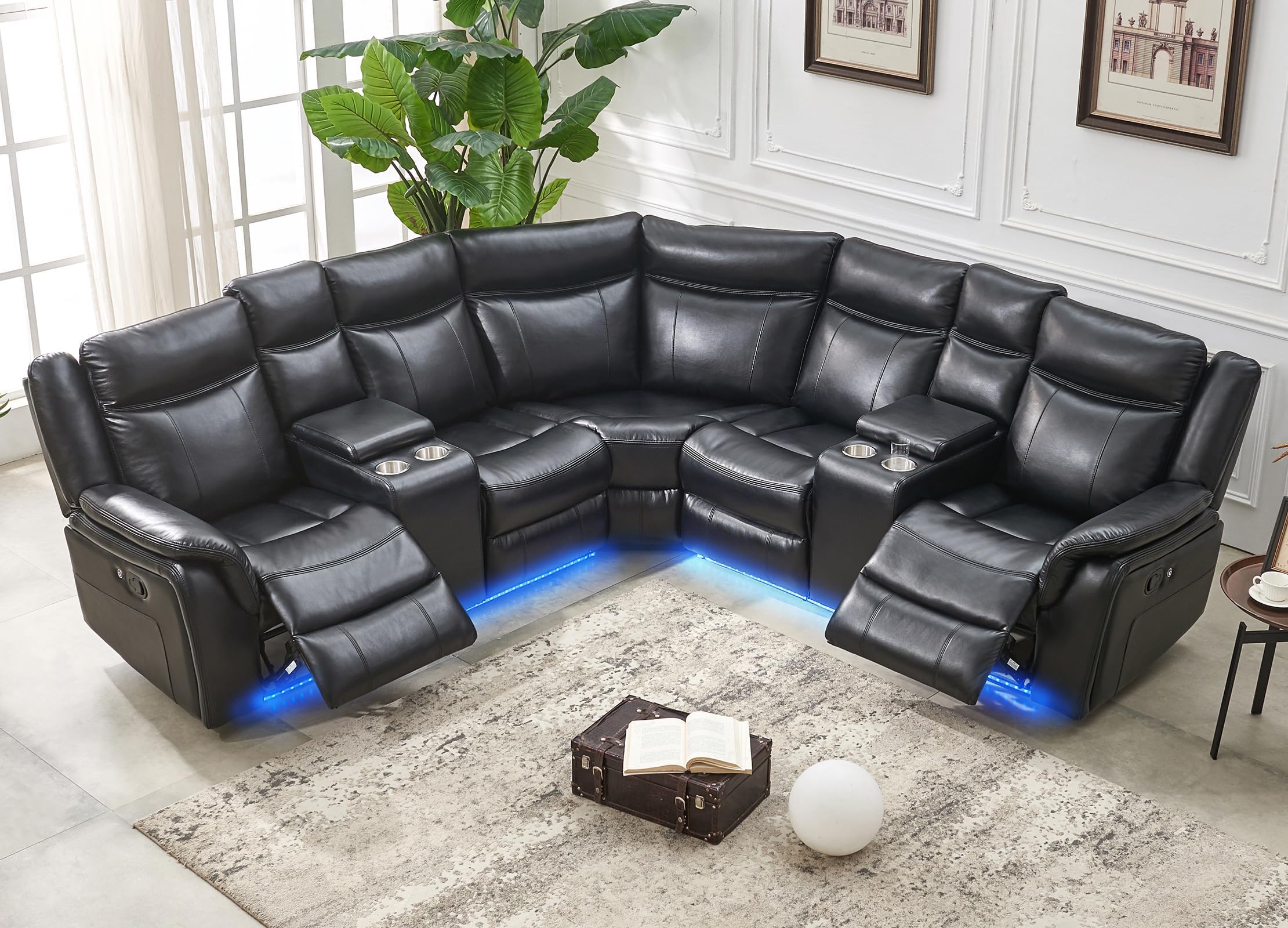Amazon.com: Manual Sectional with Recliners,Ambient Floor Lighting,Faux ...