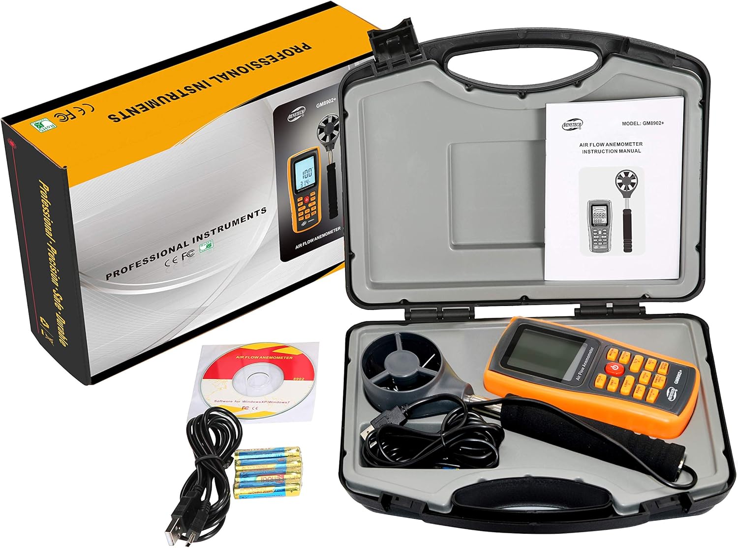 Benetech GM8902+ Air Flow Anemometer, 0~45℃, 32℉~113℉, 0.3~45m/s, 0~999900m3/min: Amazon.com ...