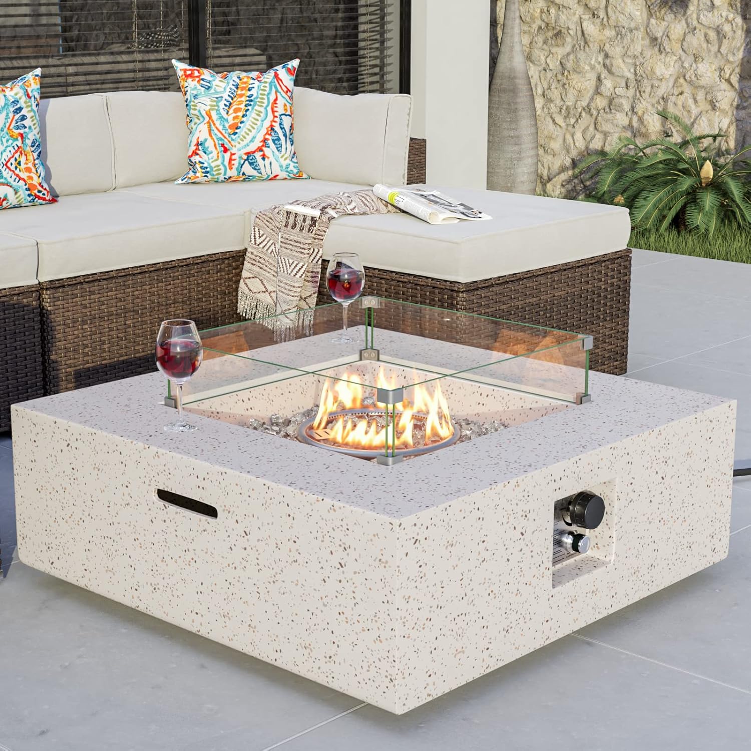 Amazon.com: COSIEST Outdoor Propane Square Fire Pit Table, Terrazzo ...