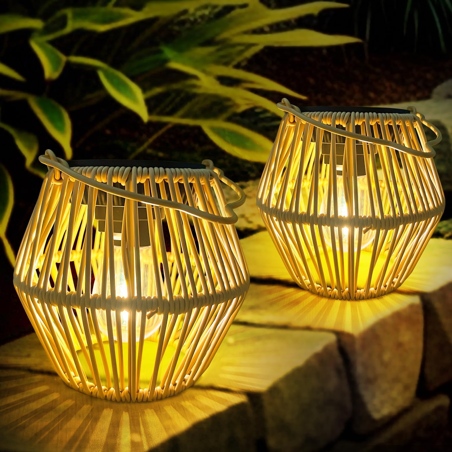 ZWOOS Solarlaterne für Außen Garten, Helle Solar Rattan Latern im Boho ...