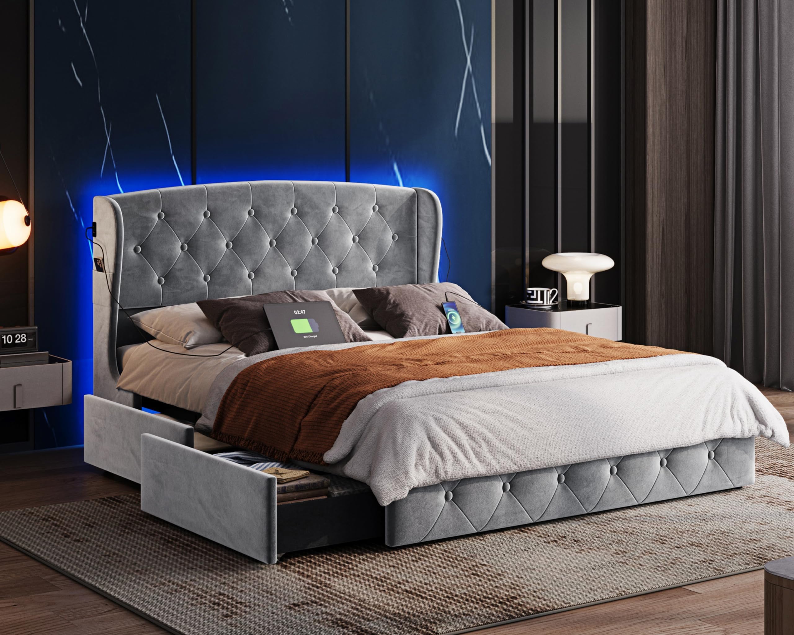 Amazon.com: LINSY Queen Bed Frame with 4 Drawers, Velvet Upholstered ...