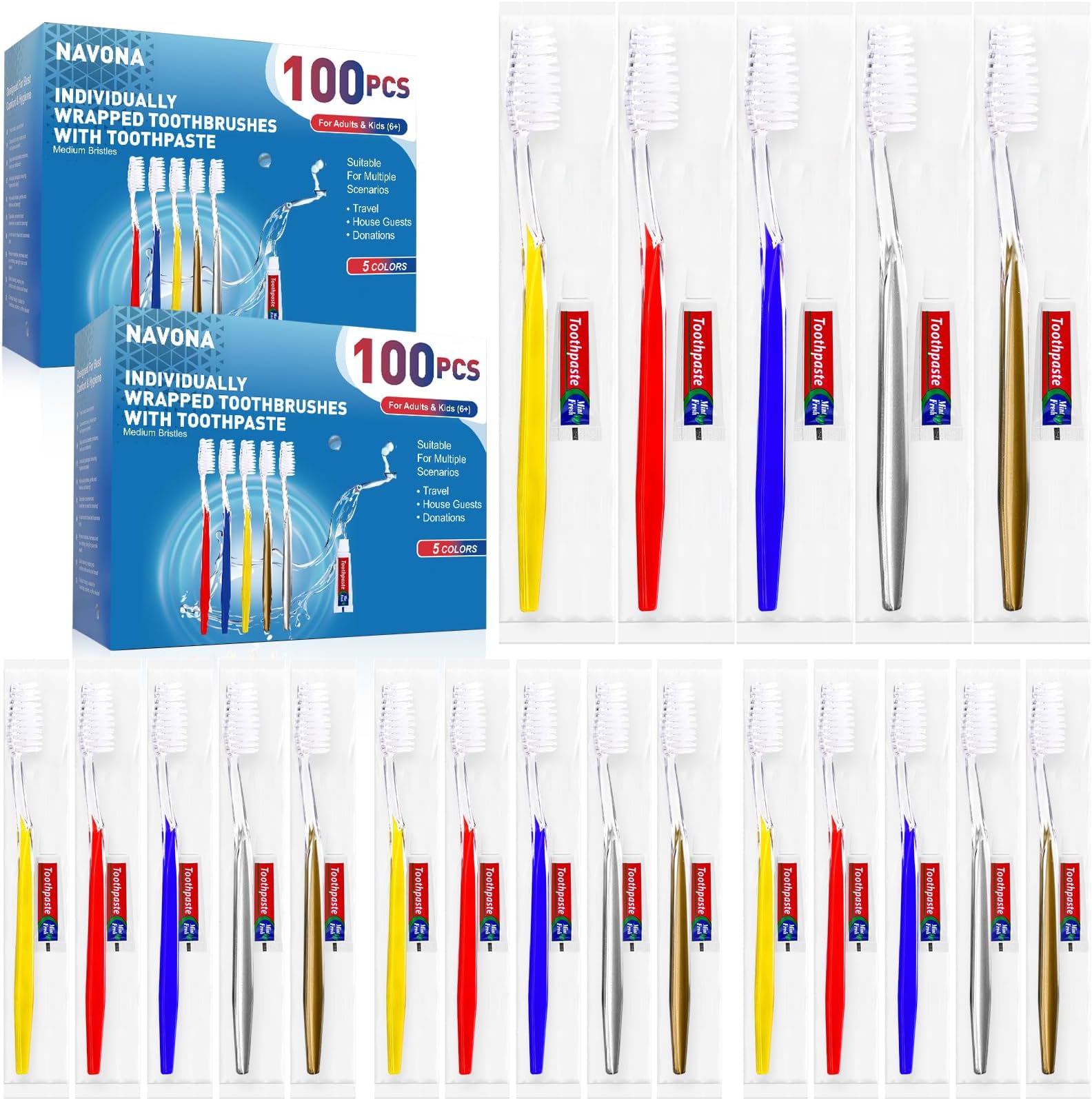 Amazon.com : Navona 200PCS Individually Wrapped Bulk Toothbrush Pack ...