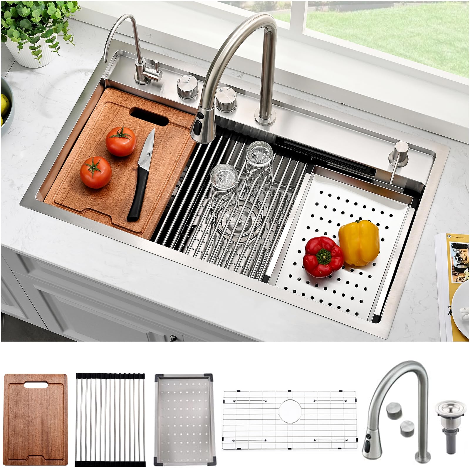 30 Inch Waterfall Drop In Kitchen Sink with Faucet Combo-Bokaiya 30x19 ...