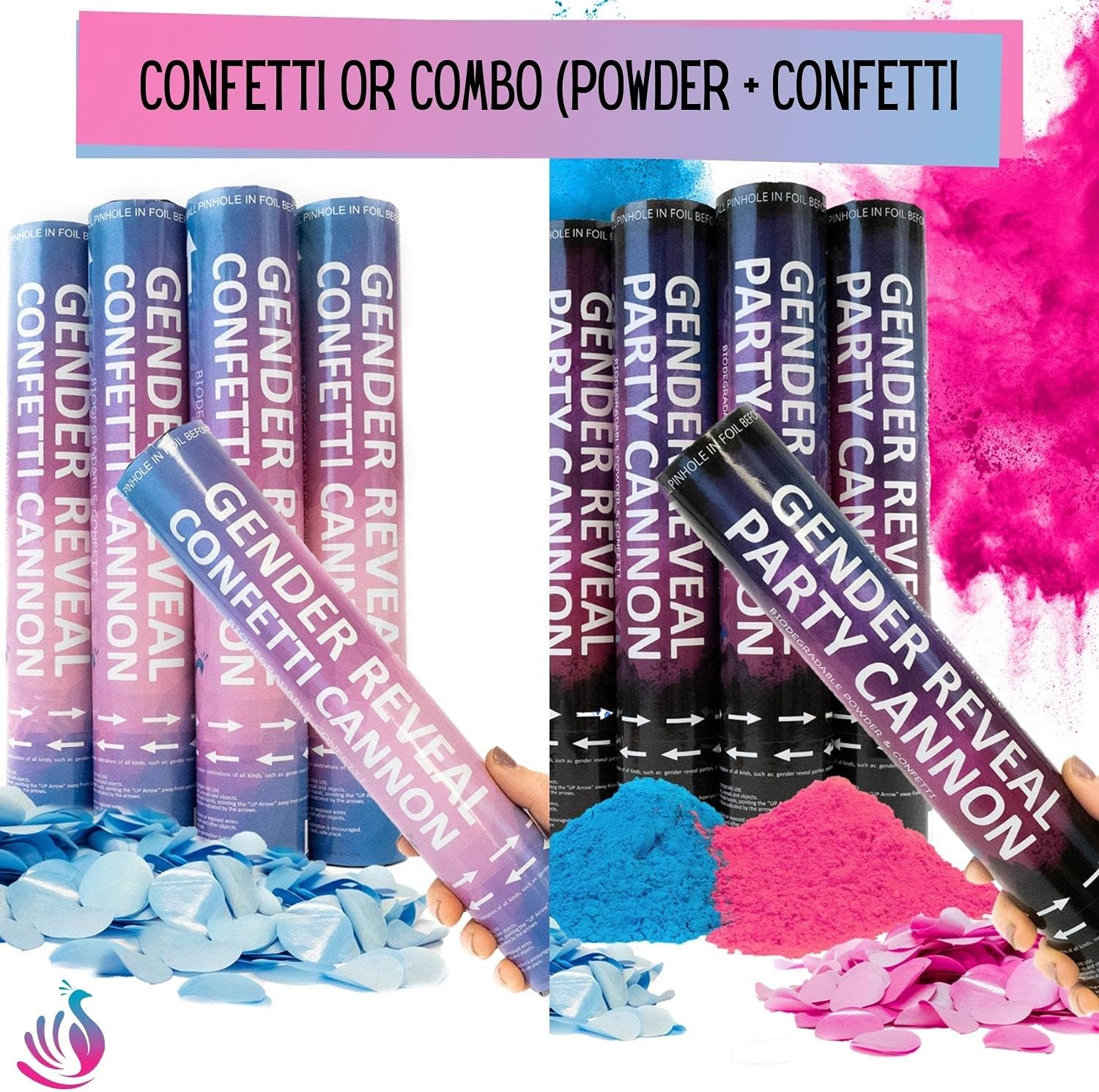Buy Peacock Powder 4 Pack Baby Gender Reveal Confetti Powder Cannon - 2 ...