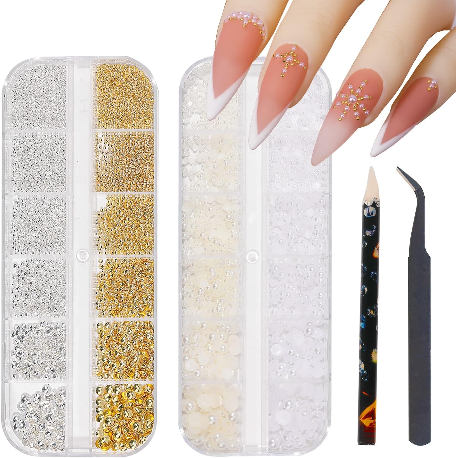 Amazon.com: 2 Boxes Nail Art Pearls Flatback Pearl - Gold Silver Nail ...